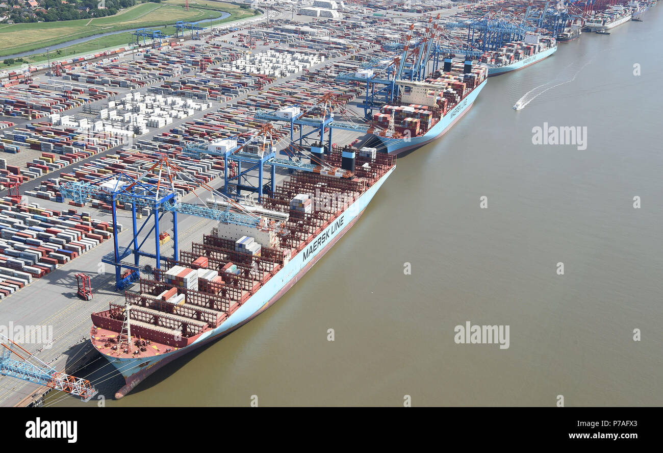 15 June 2018, Bremerhaven, Germany: The aerial shot shows the container ...