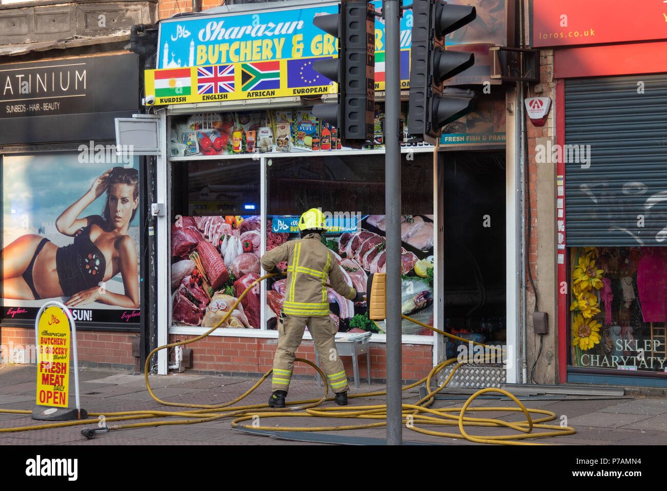 Leicester, UK. 5th July 2018. Leicester UK, Narborough Road, butchers ...