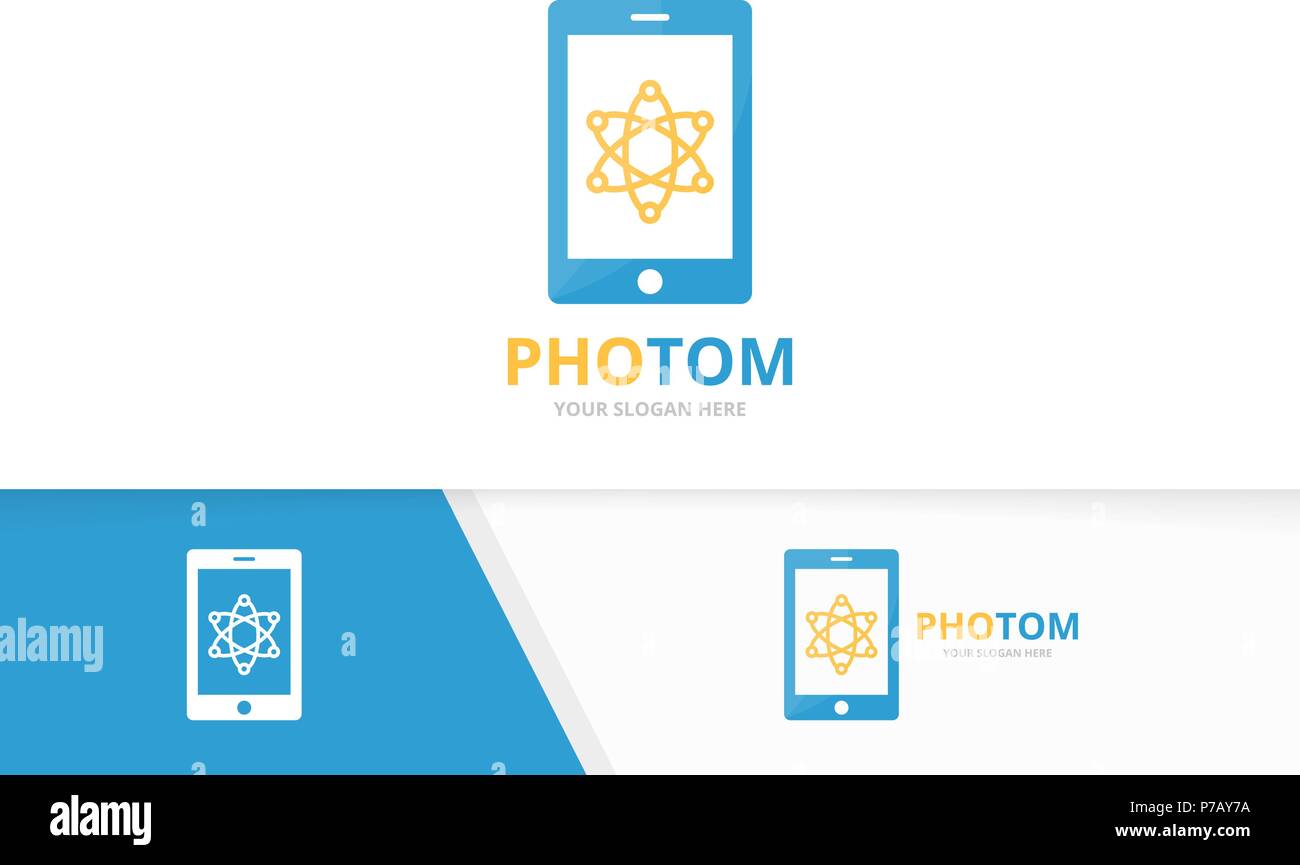 Vector atom and phone logo combination. Molecule and mobile symbol or ...