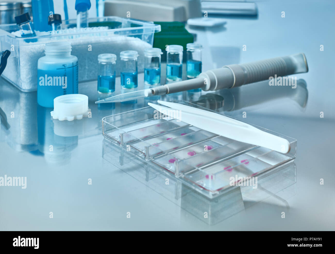Blurred background for histopathology-related presentation. Stained ...