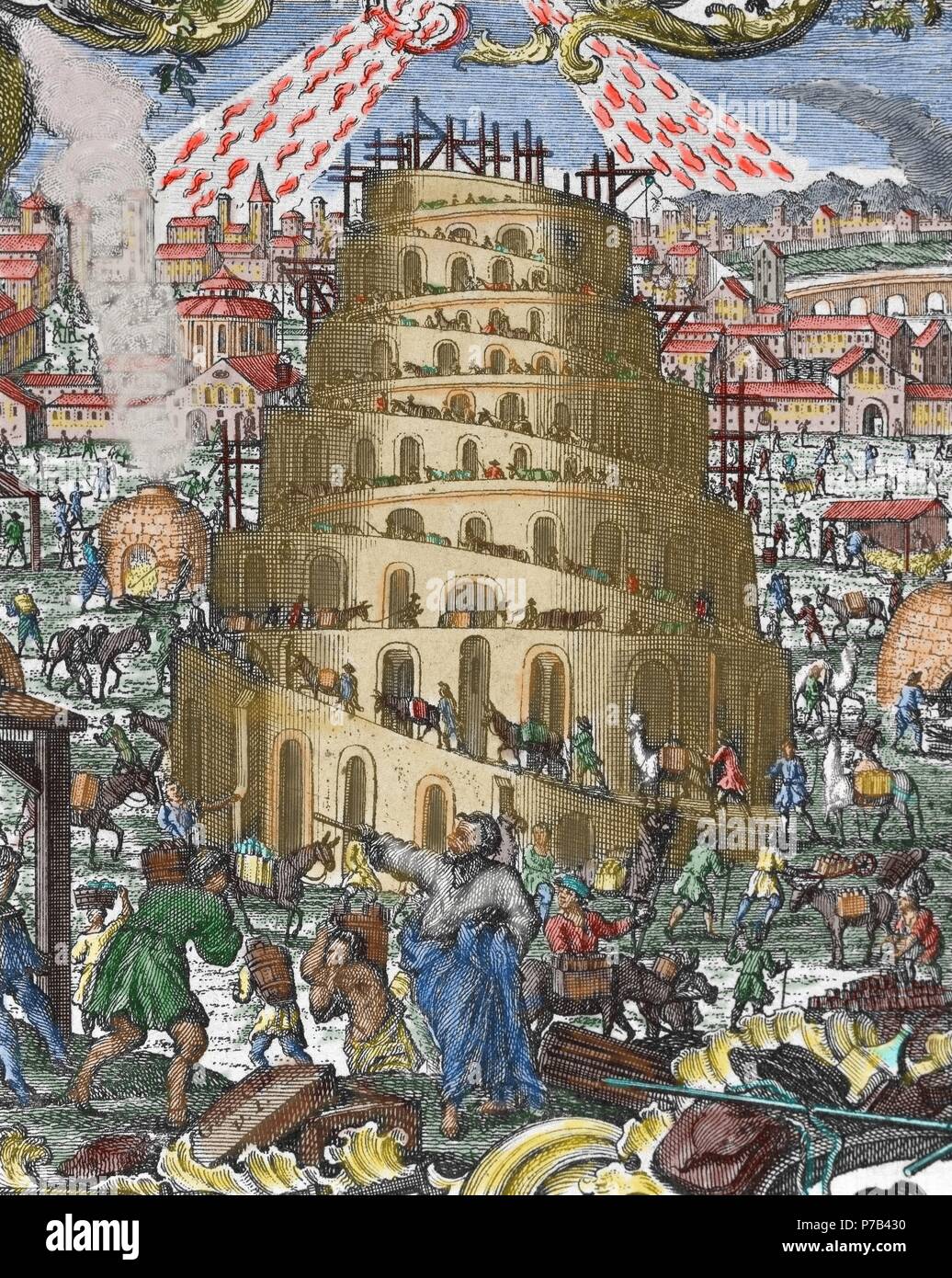 Old Testament. Book of Genesis. The Tower of Babel. Engraving. Colored ...