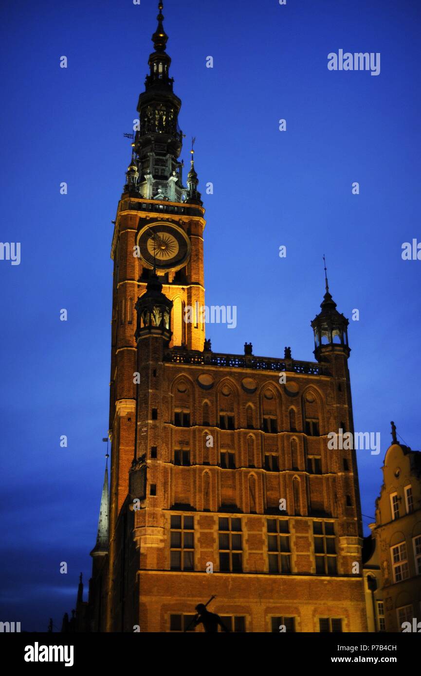 Poland. Gdansk. Town Hall (Ratusz). Built in the 14th century. Night ...