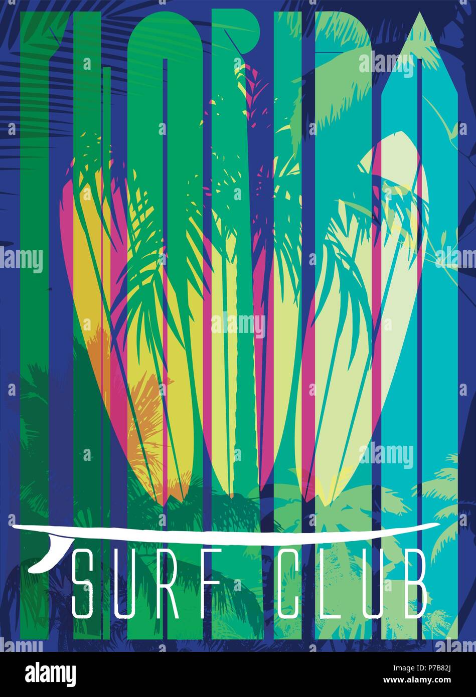 Vector illustration on the theme of surf and surf club florida Grunge ...