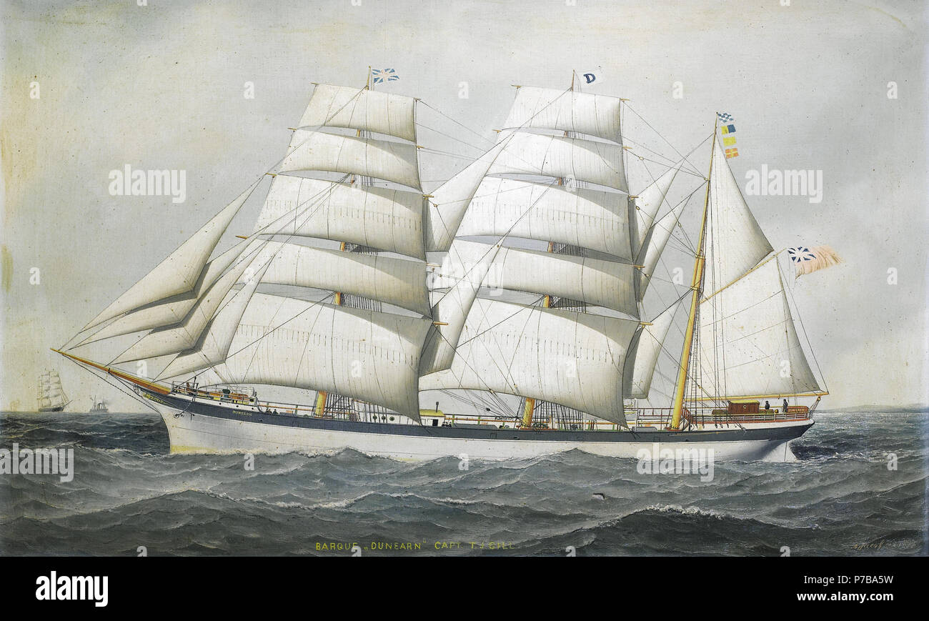 . English: The British barque Dunearn at sea under full sail and ...
