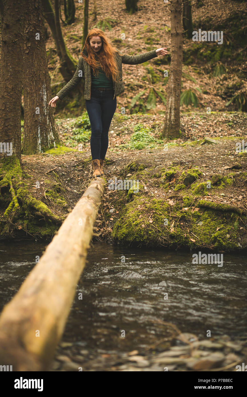 Female hiker walking on the fallen tree trunk across the river Stock ...