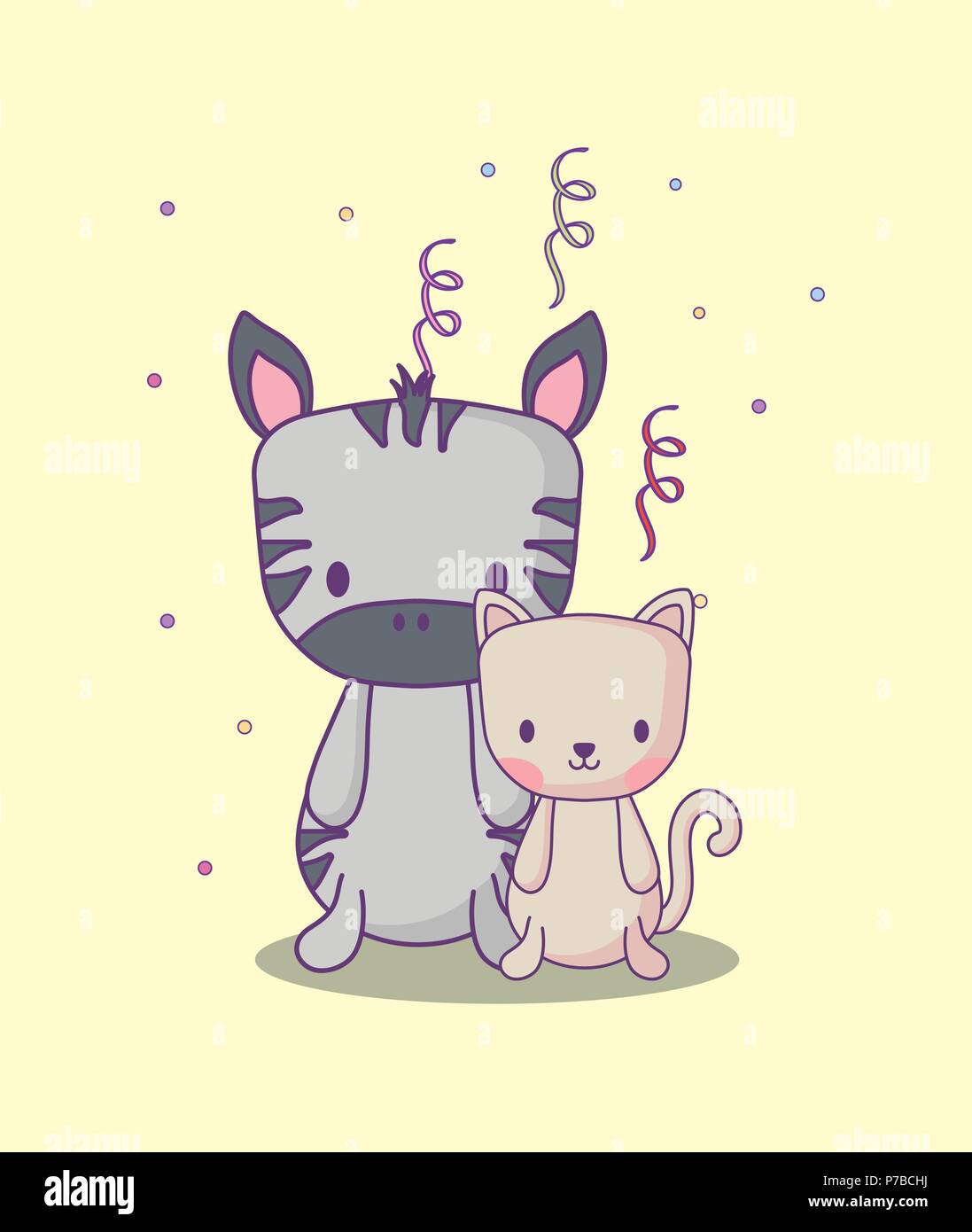 cute zebra and cat with serpentine and confetti around over yellow ...