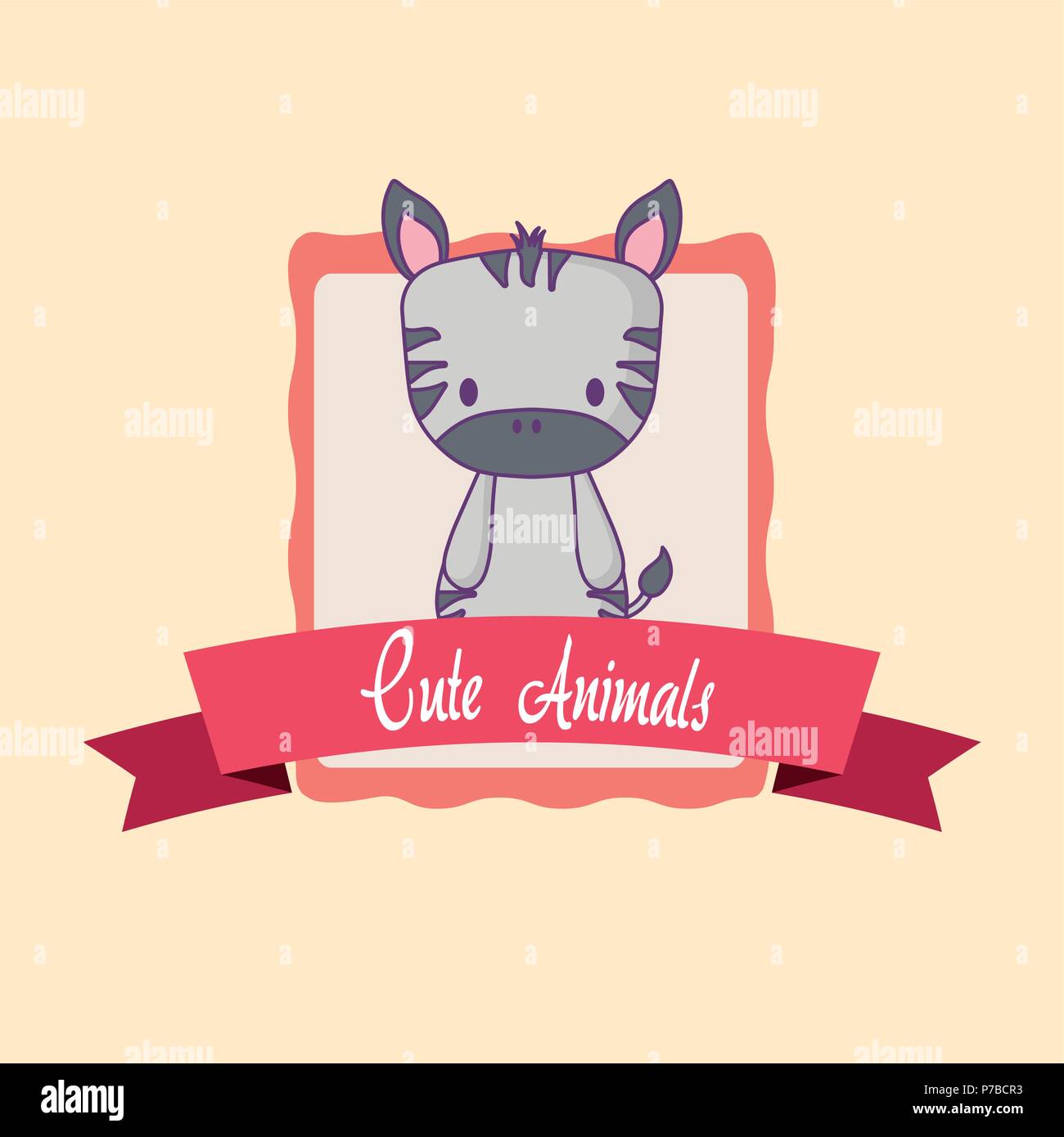 Cute animals emblem with decorative ribbon and cute zebra icon over ...