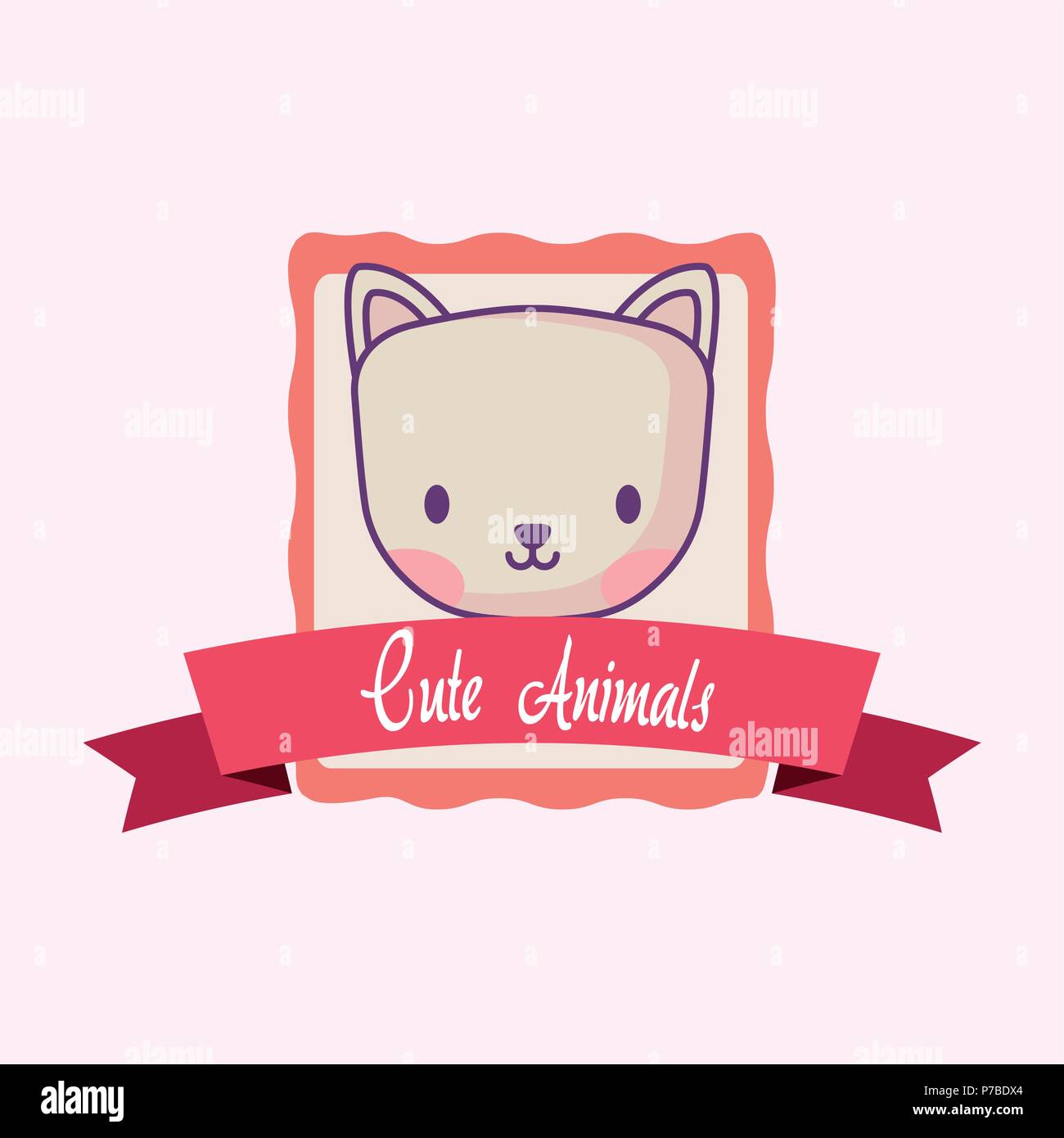 Cute animals emblem with decorative ribbon and cute cat icon over pink ...