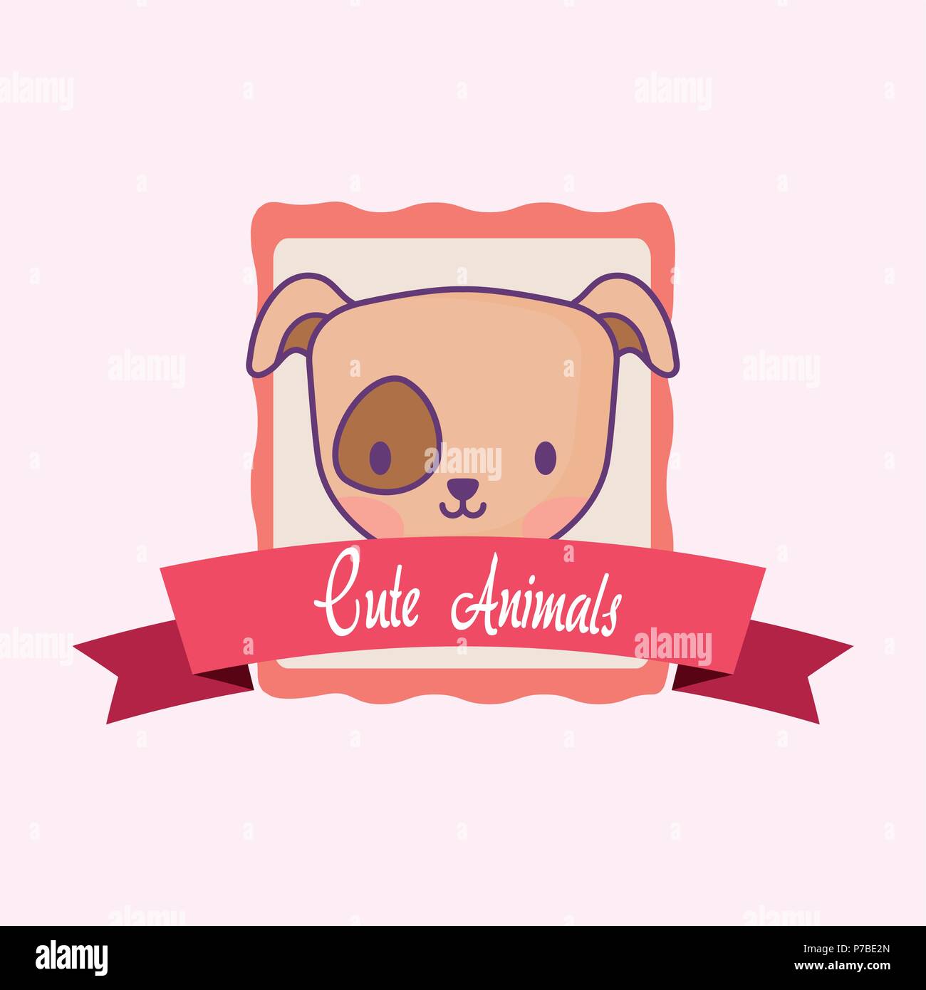 Cute animals emblem with decorative ribbon and cute dog icon over pink ...