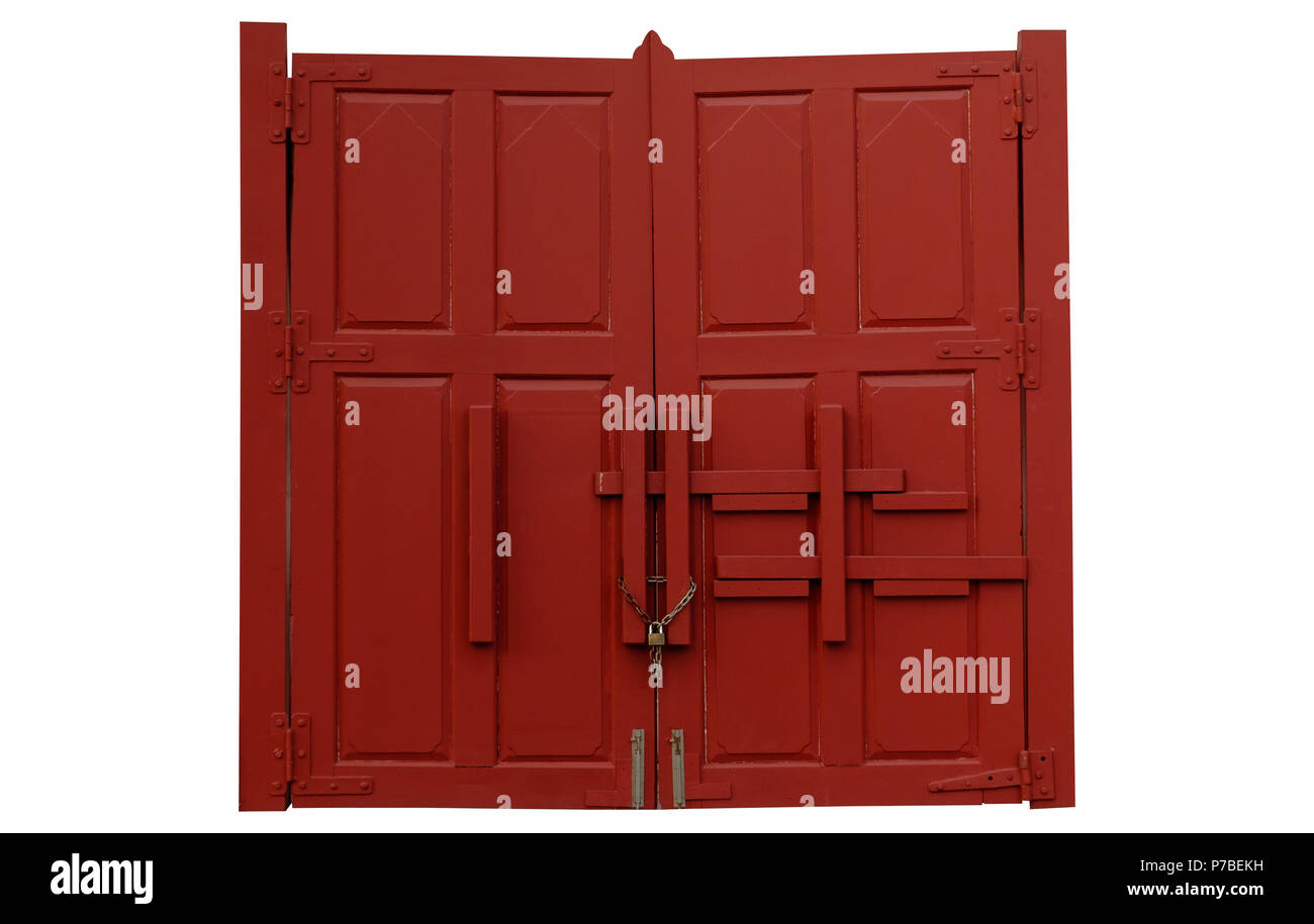 Double red door with iron handles and hinges isolated on white ...