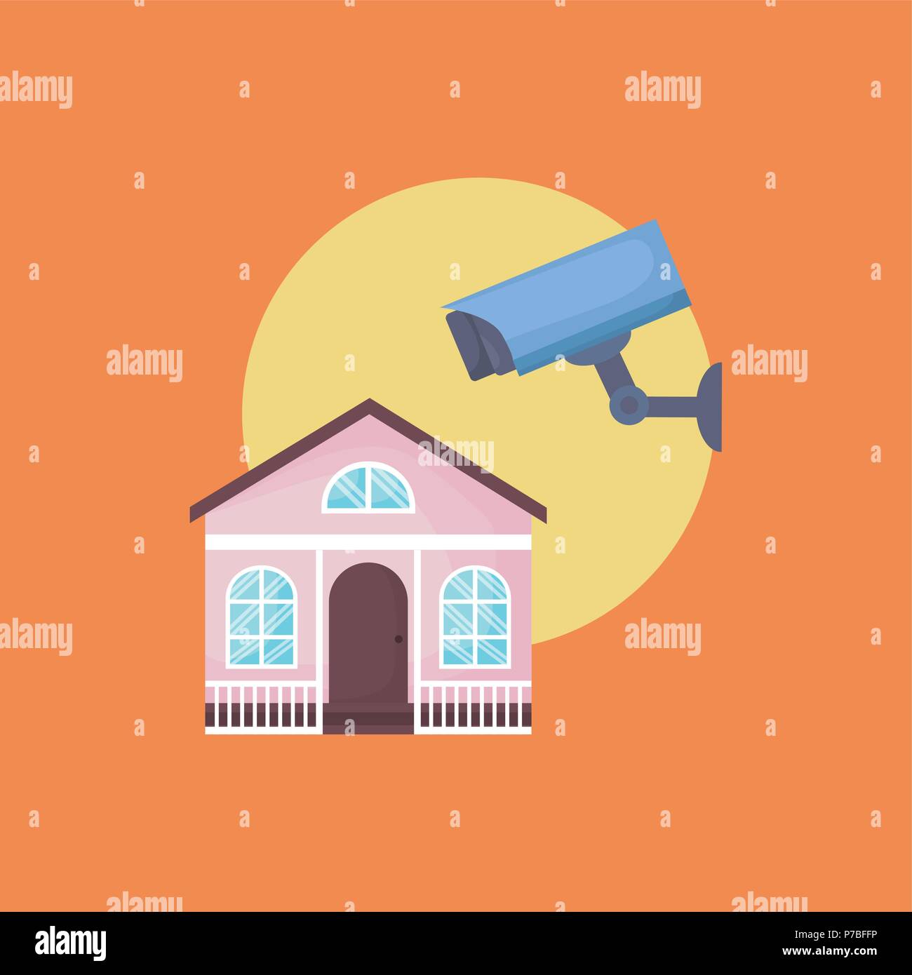 smart home design with security camera and house icon over orange ...