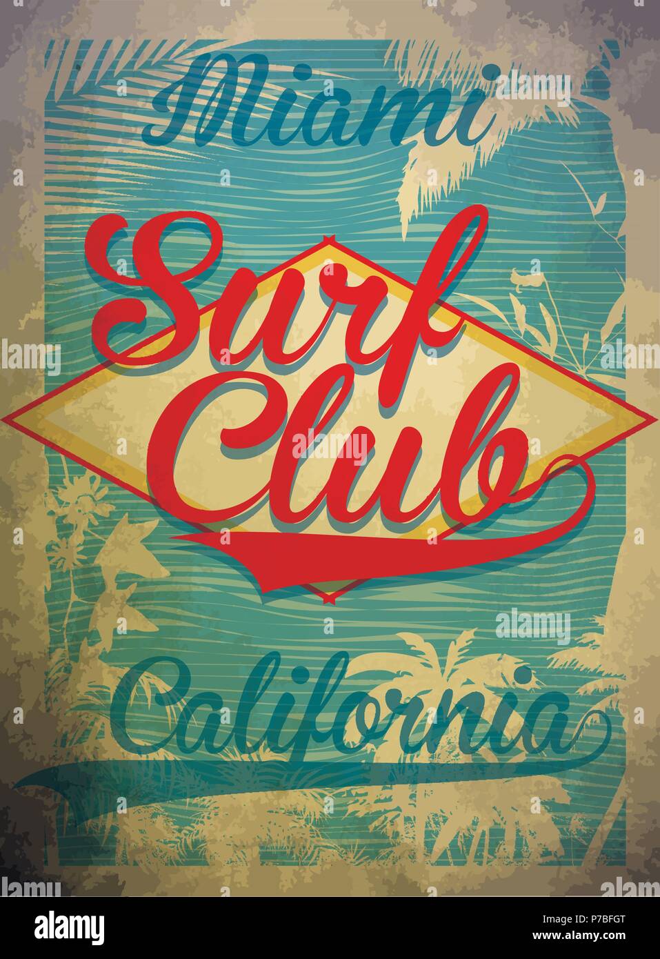 Miami beach Surf club concept Vector Summer surfing retro badge. Surfer ...