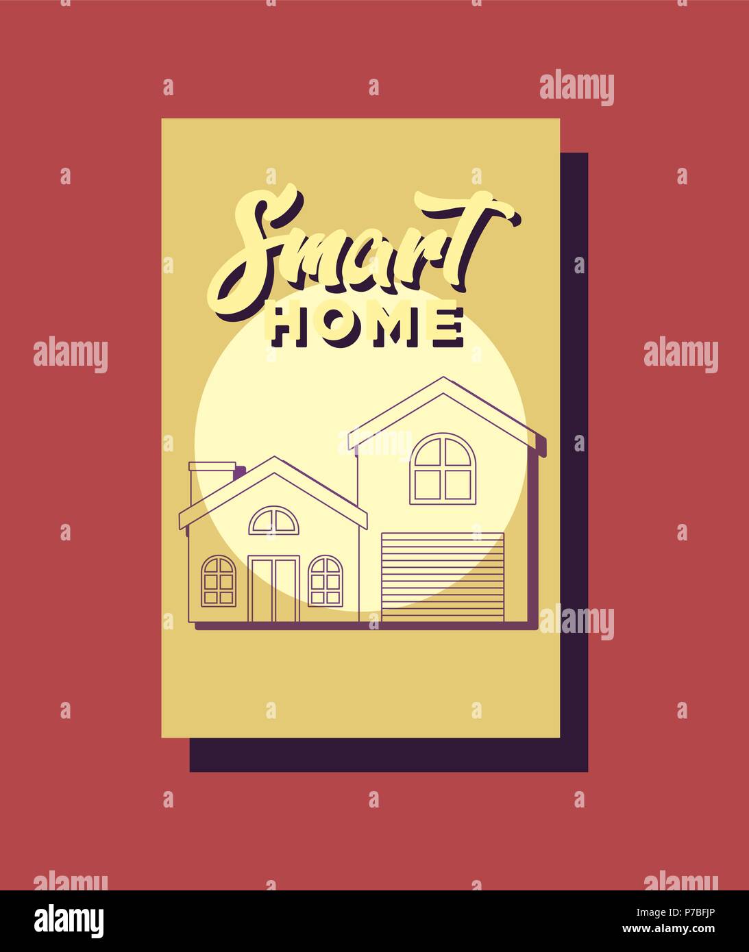 Smart home design with modern house icon over yellow and red background ...