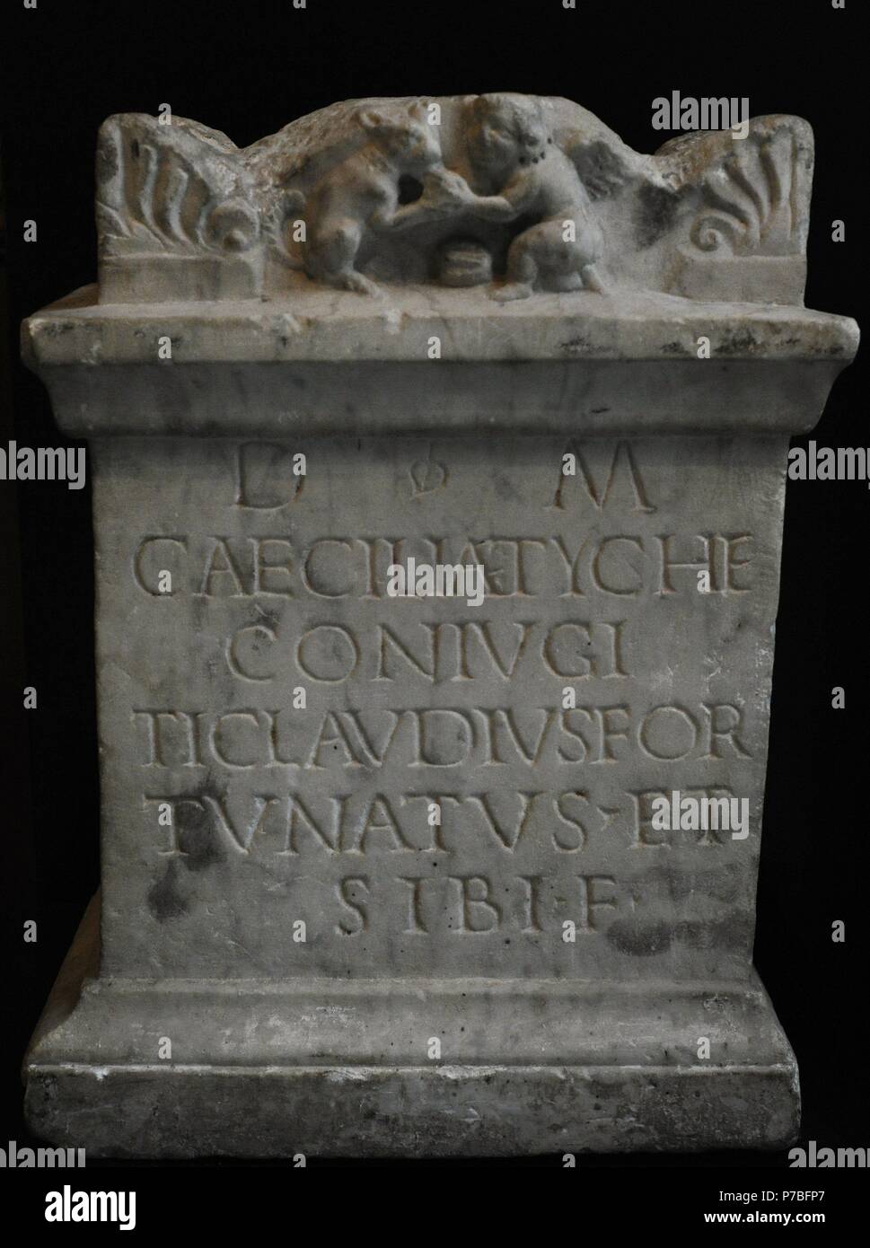 Roman funerary altar. Frontal with Latin inscription with the name of ...