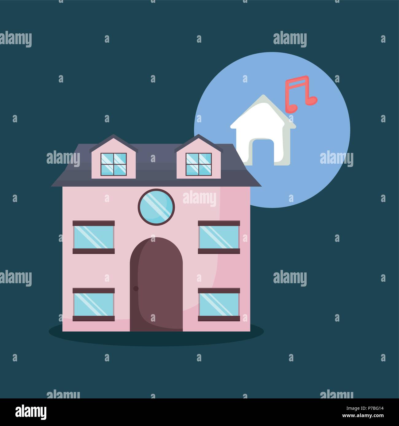 modern house with musical note icon over blue background, colorful ...