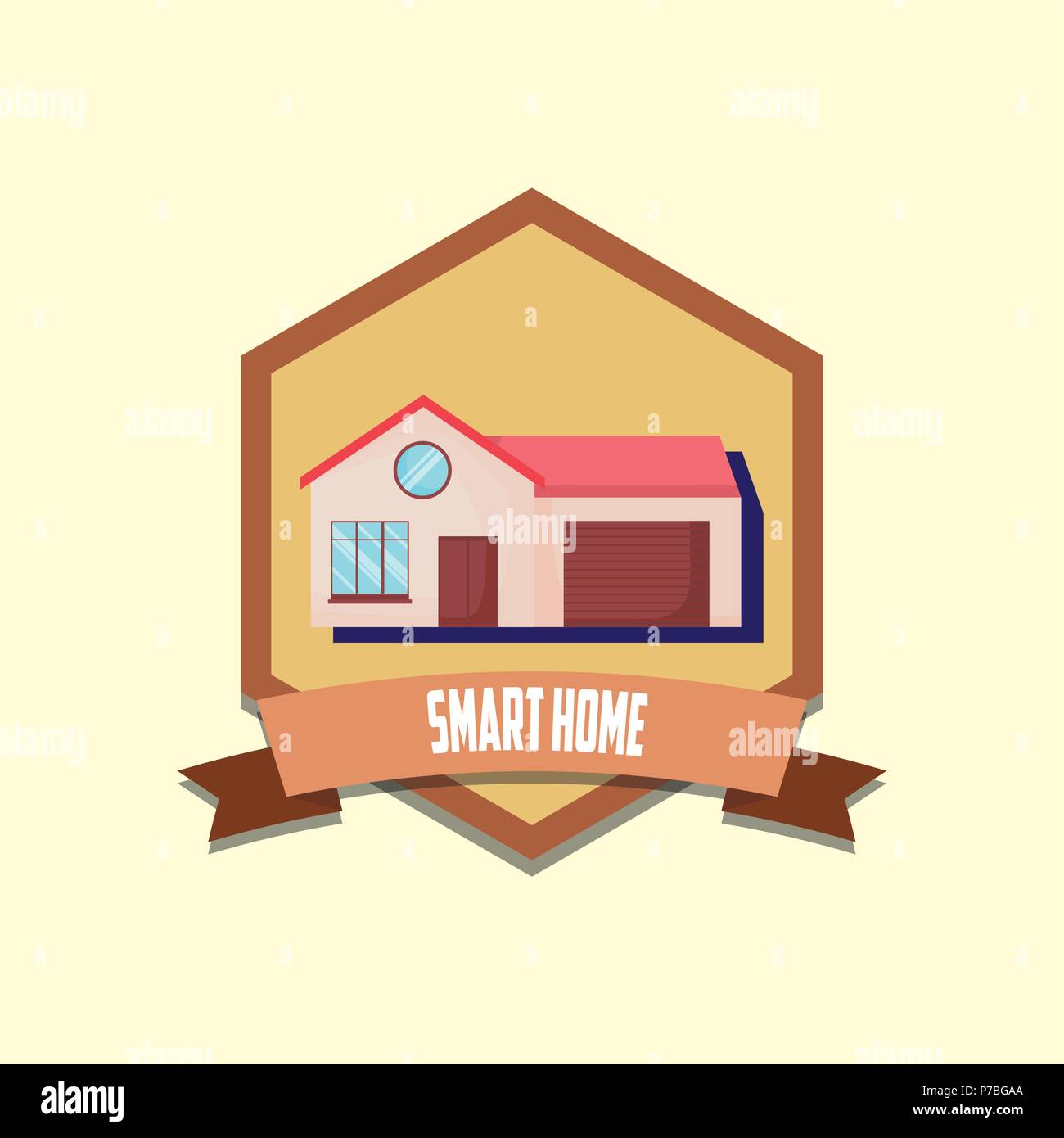 emblem of smart home design with modern house icon over yellow ...