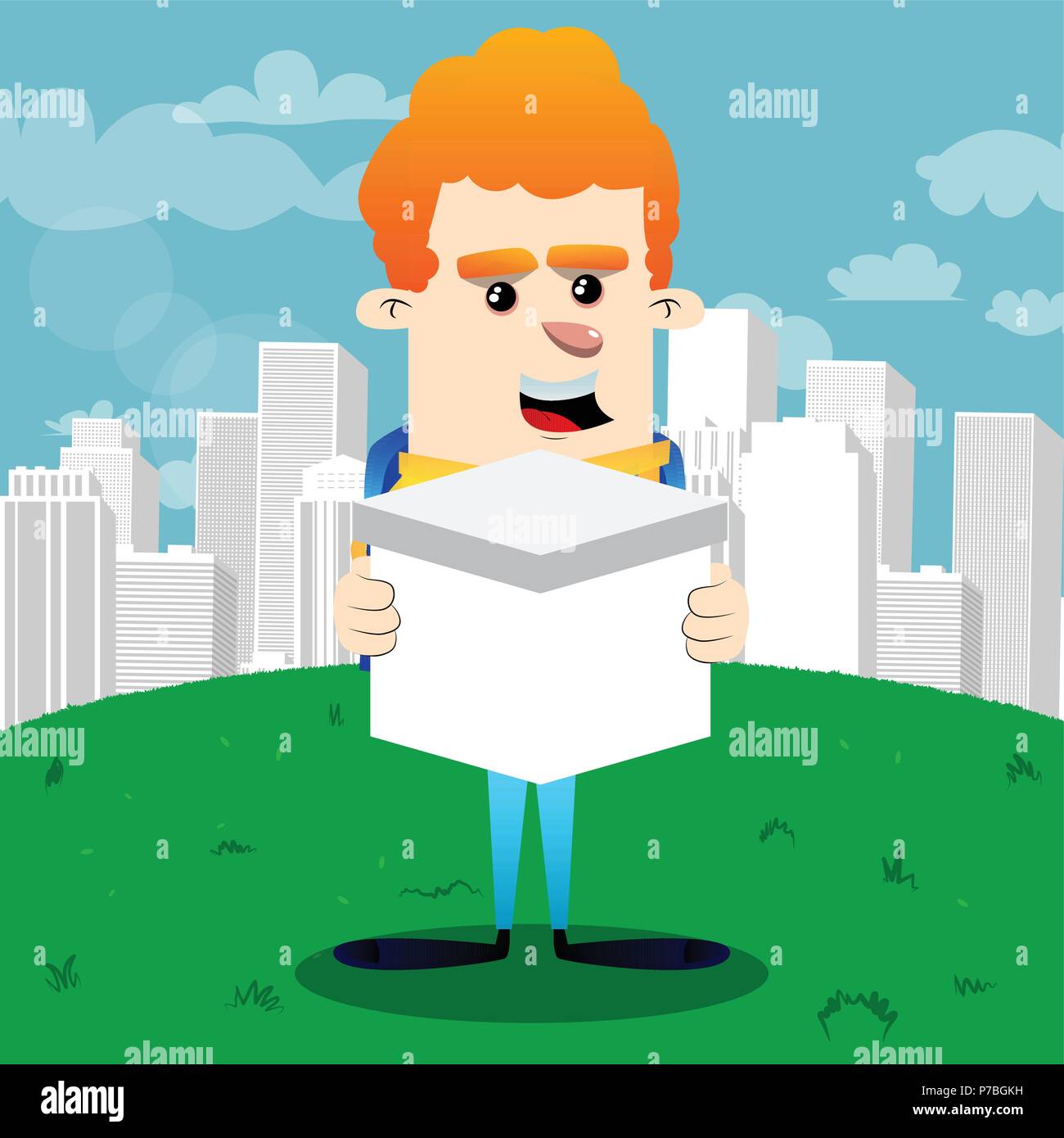 Schoolboy holding white box. Vector cartoon character illustration ...