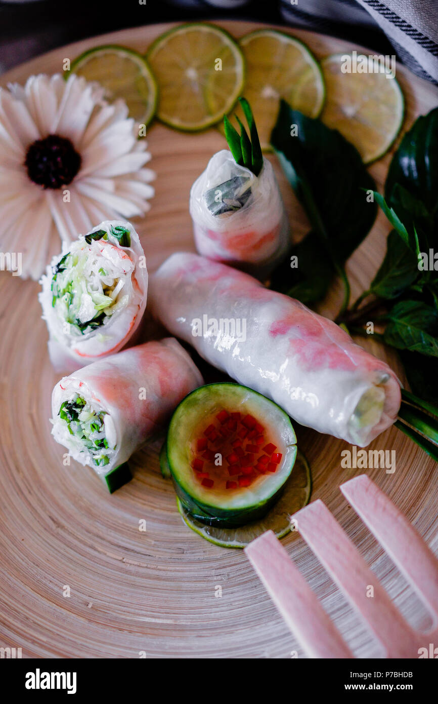 Shrimps wrapped in rice paper is a famous traditional food of Vietnam ...