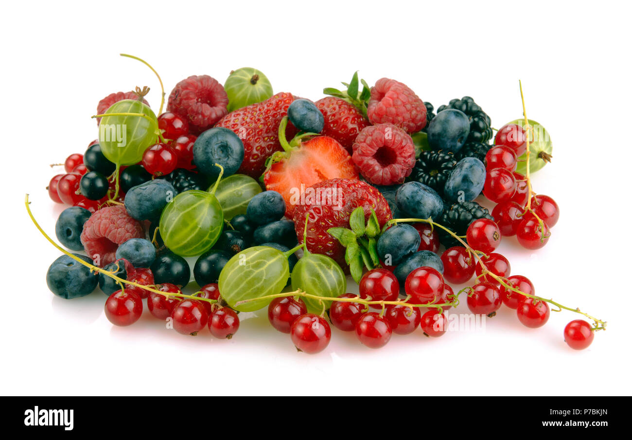 different fresh berries on a white background Stock Photo - Alamy