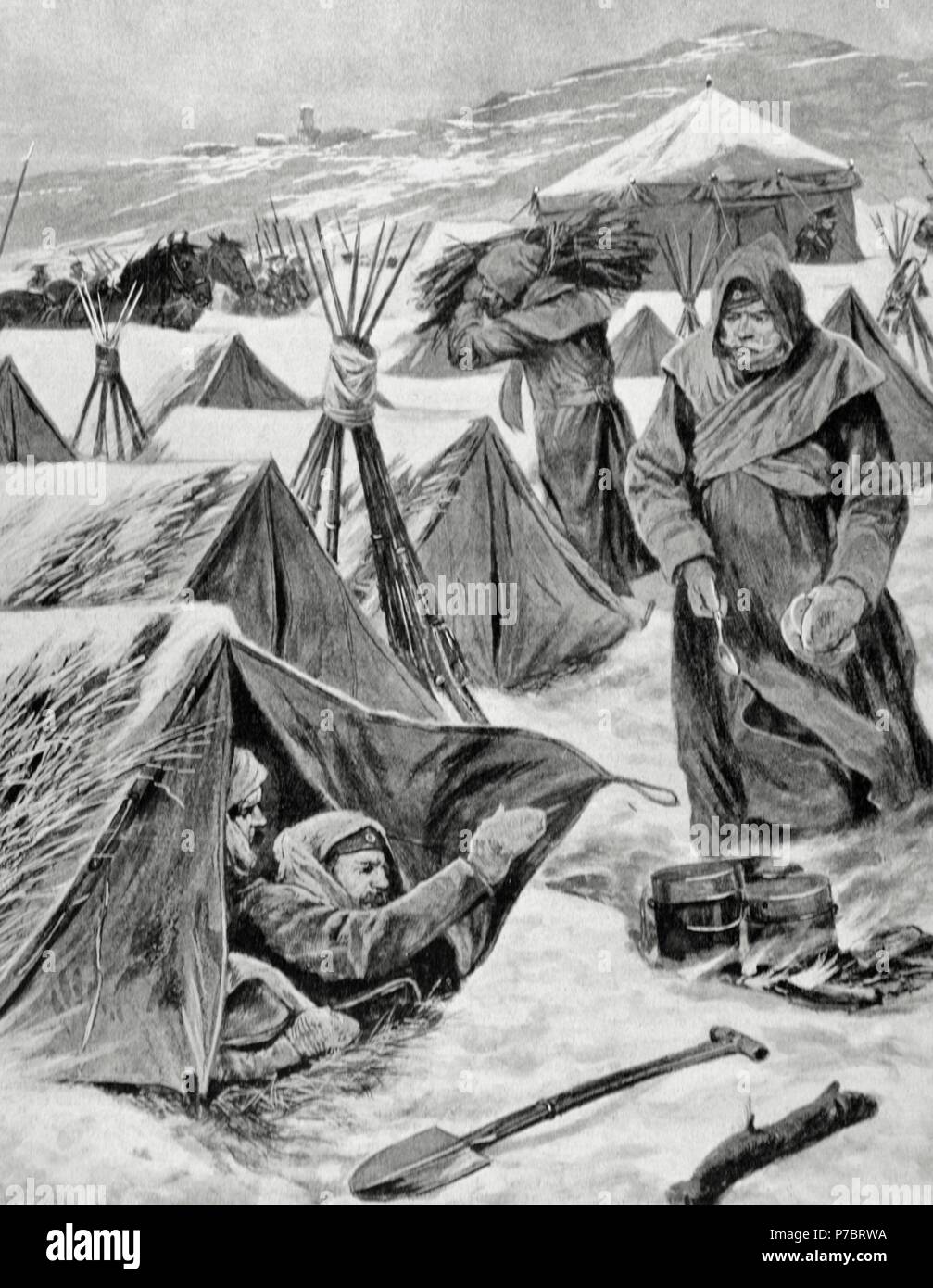 Russo-Japanese War (1904-1905). Russian camp on the snow. Engraving ...