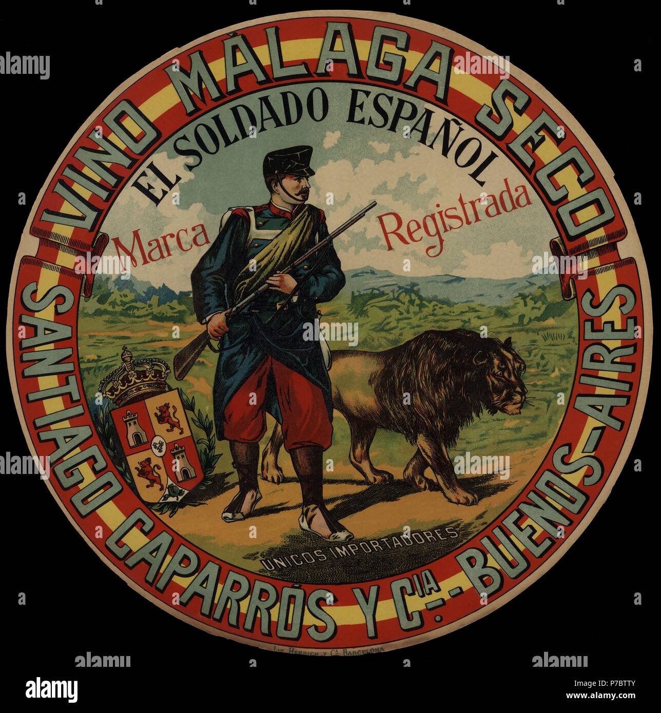 Etiqueta publicitaria de vino de Málaga seco el Soldado español. Años ...