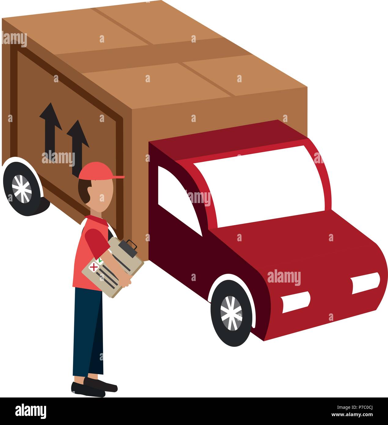 delivery worker with checklist and truck vector illustration design ...
