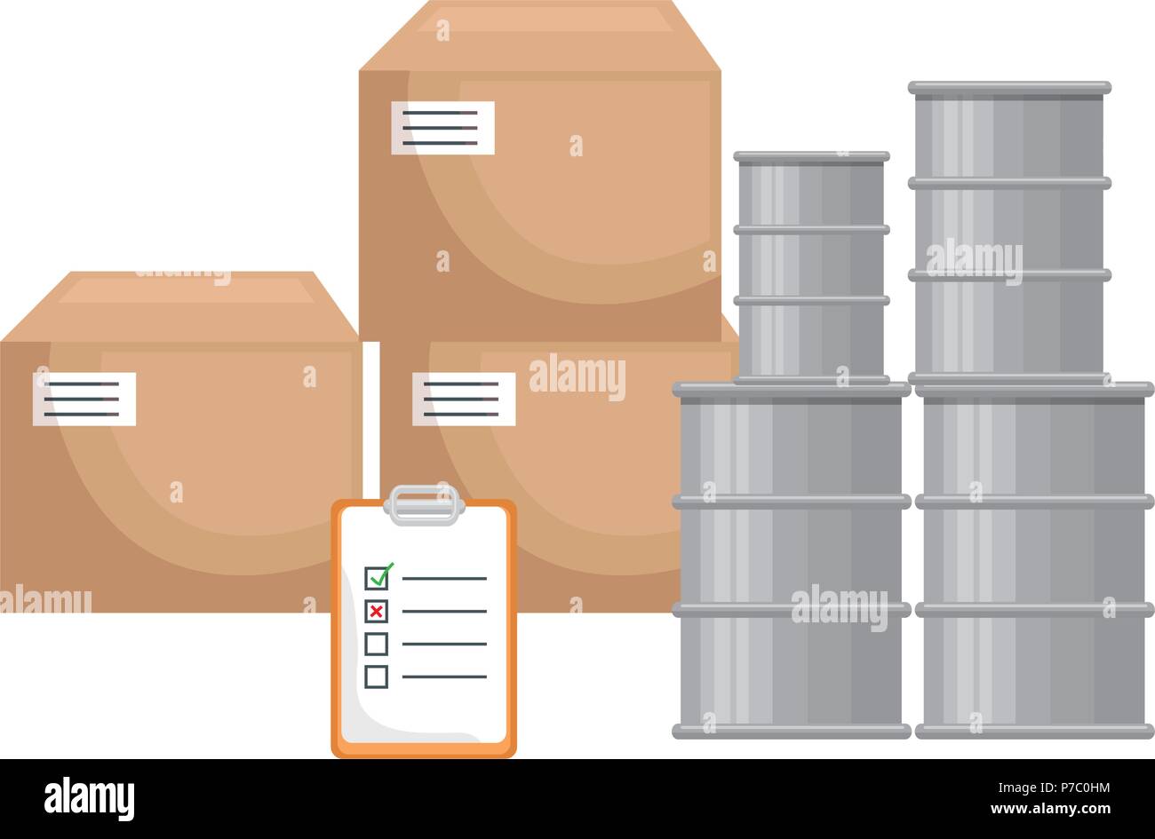 pile carton boxes with checklist and barrels vector illustration design ...