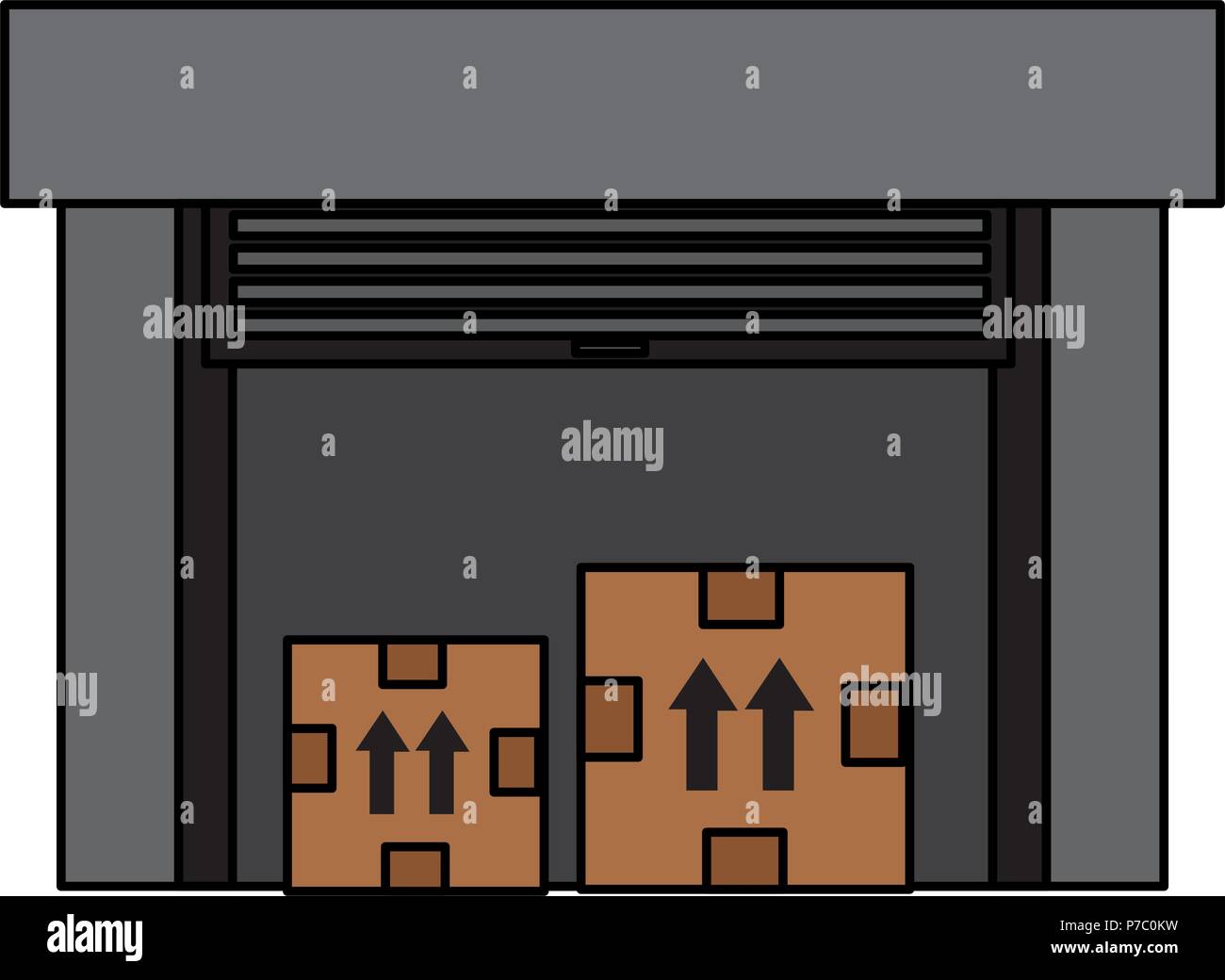 warehouse building with pile carton boxes vector illustration design ...