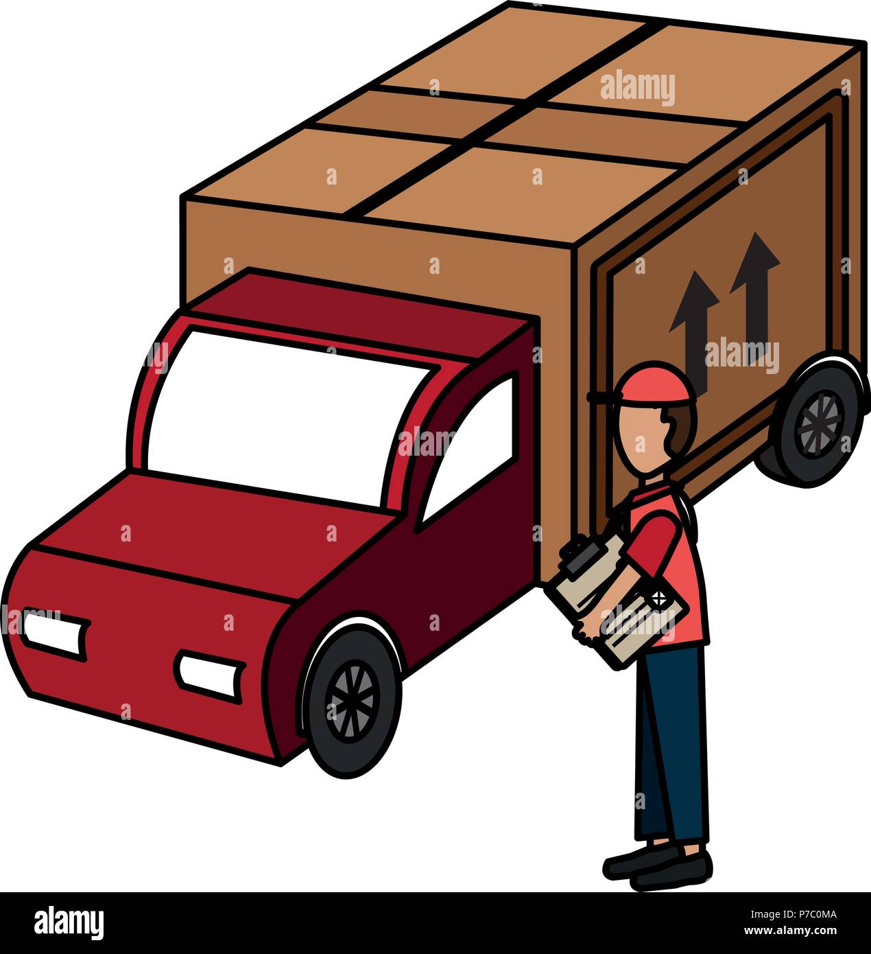 delivery worker with checklist and truck vector illustration design ...