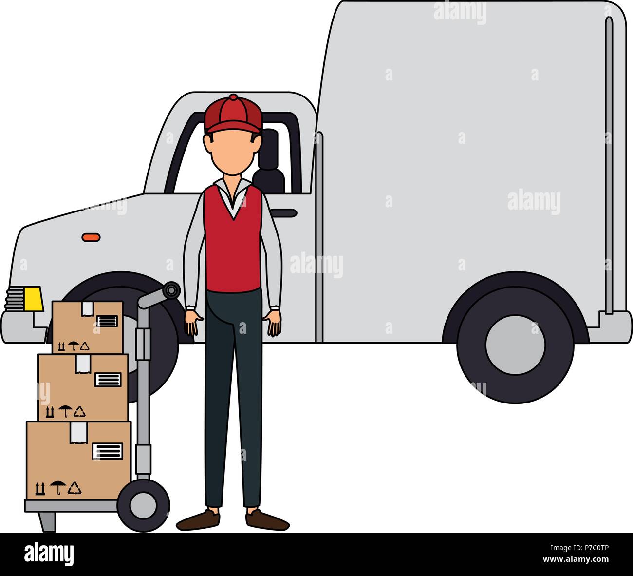 delivery worker with cart transport boxes and van vector illustration ...
