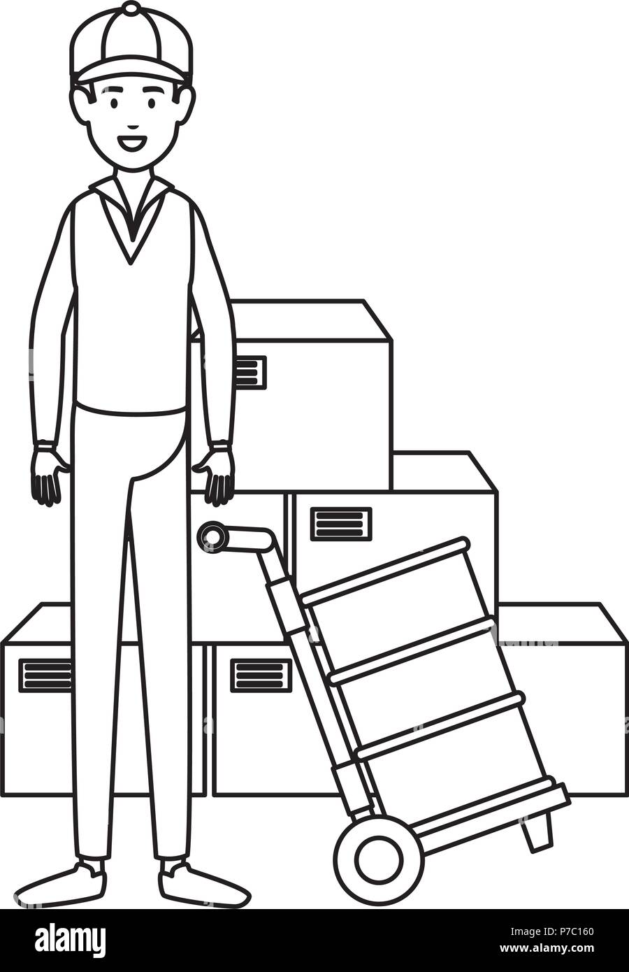 delivery worker with cart transport boxes vector illustration design ...