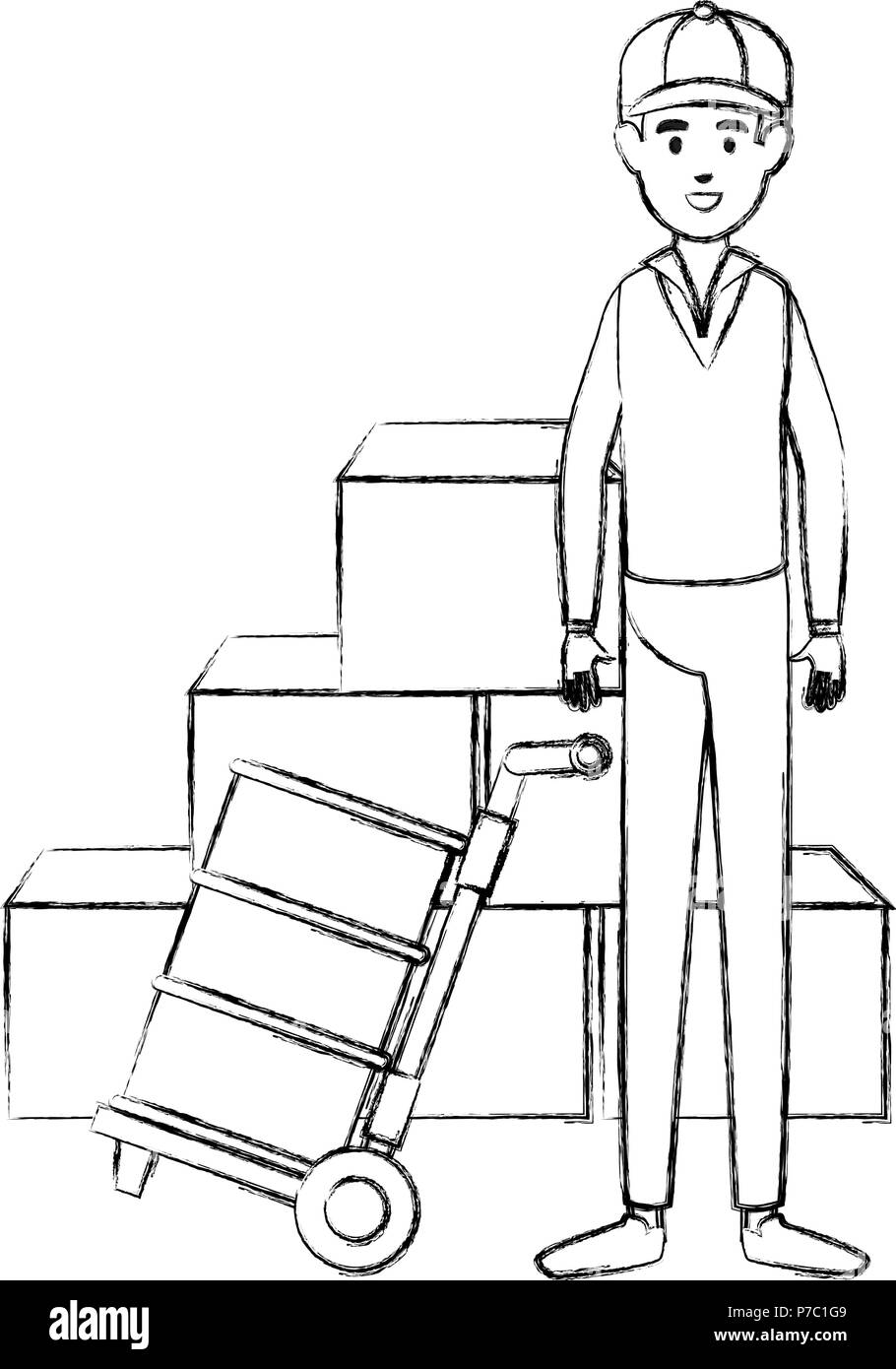 delivery worker with cart transport boxes vector illustration design ...