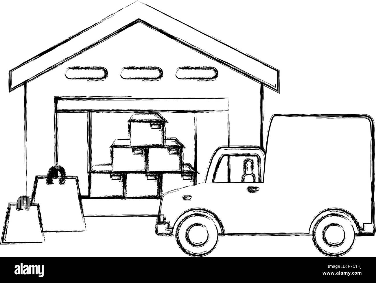 warehouse with pile boxes and van vector illustration design Stock ...