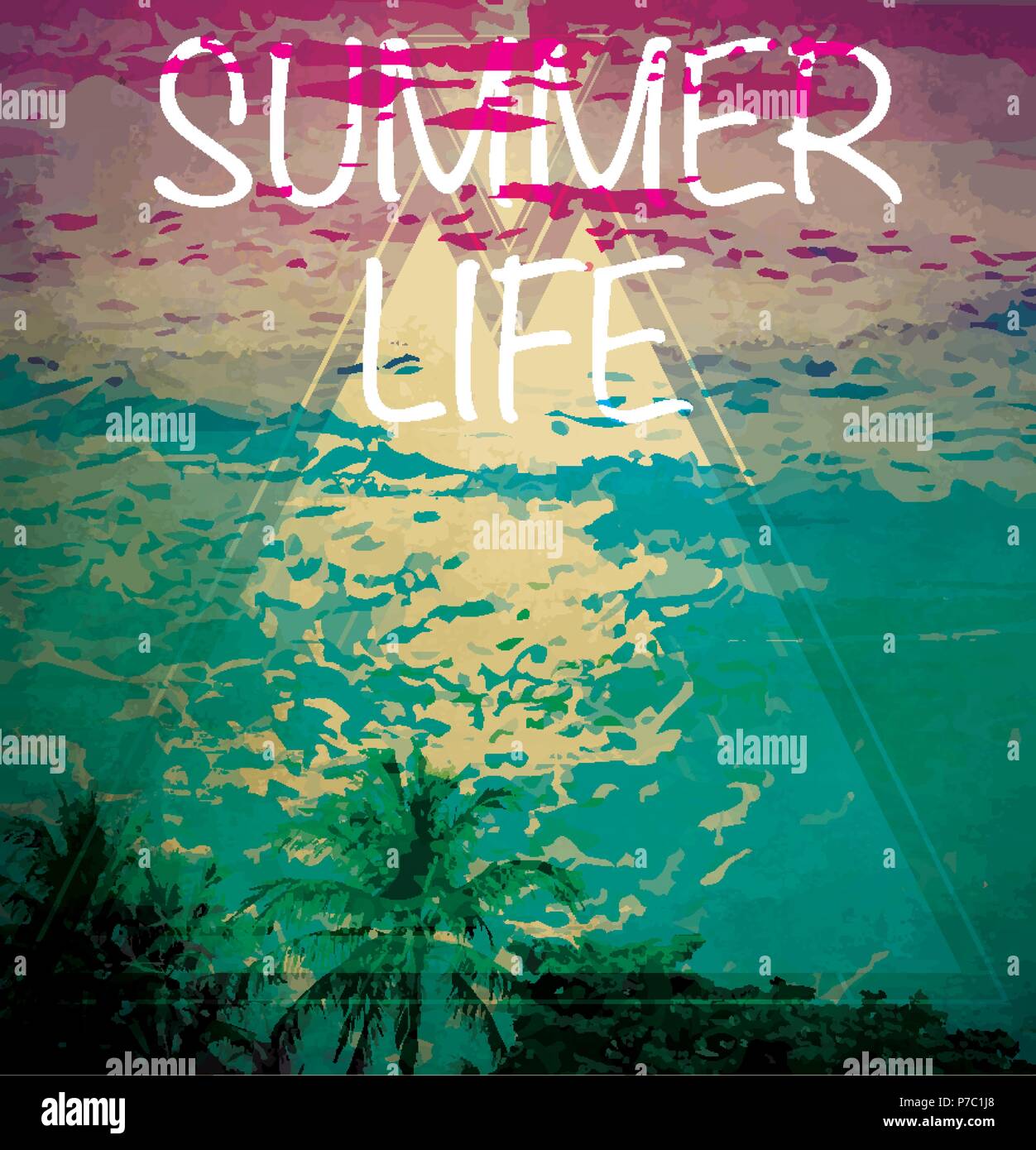 Beautiful sunshine view poster. Vector background with palm trees Stock ...
