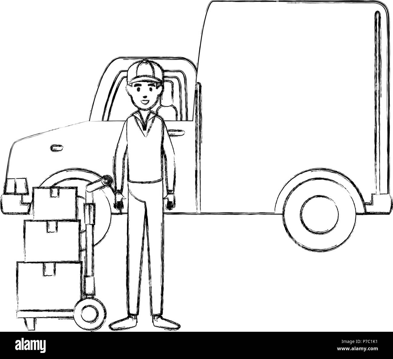delivery worker with cart transport boxes and van vector illustration ...