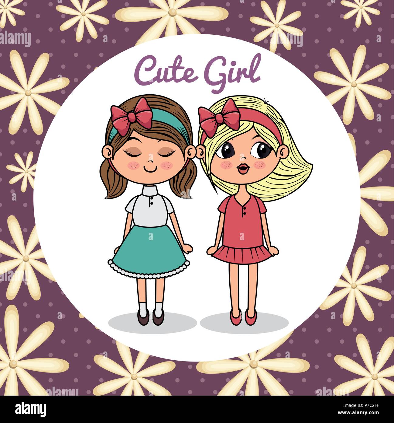 cute girls couple characters with floral frame vector illustration ...
