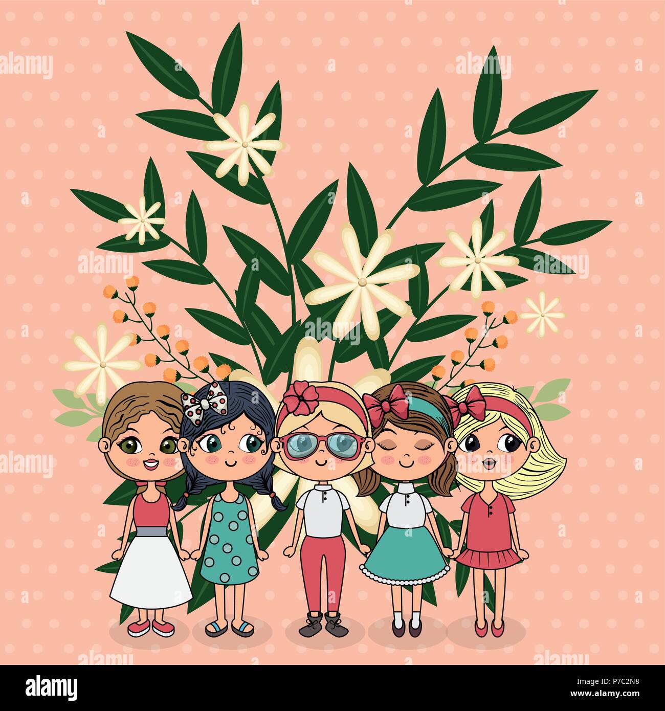 cute girls group characters with floral decoration frame vector ...