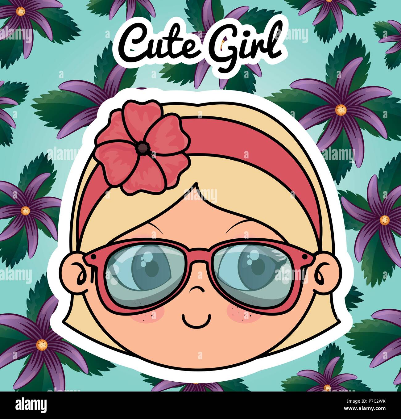 cute girl head character with floral frame vector illustration design ...