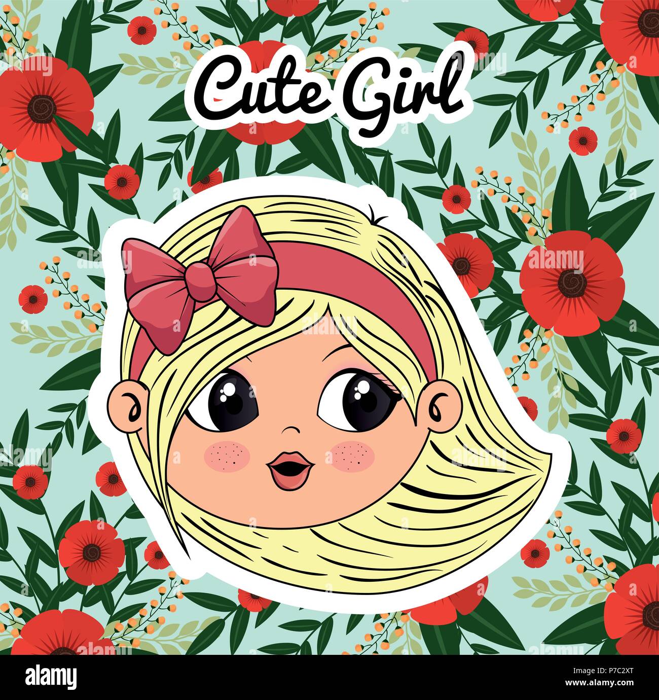 cute girl head character with floral frame vector illustration design ...