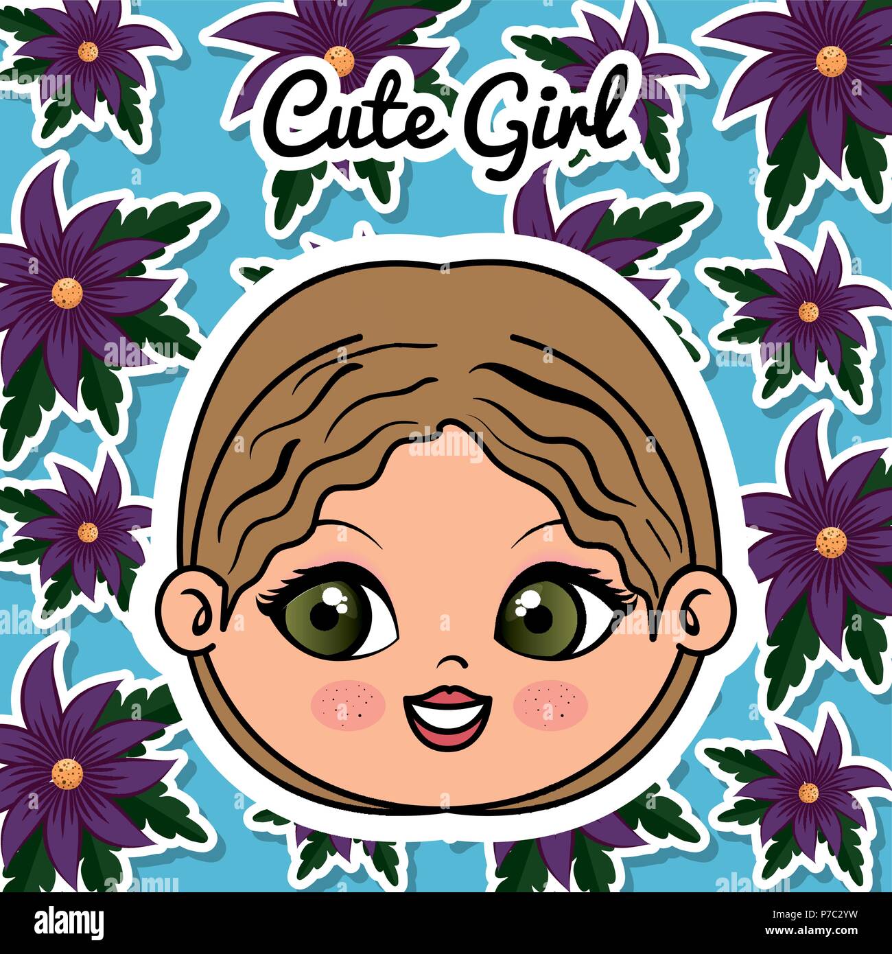 cute girl head character with floral frame vector illustration design ...