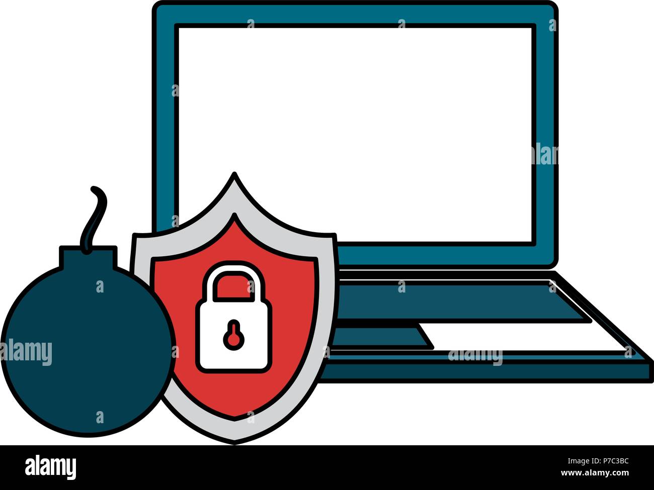 laptop computer with shield and bomb vector illustration design Stock ...