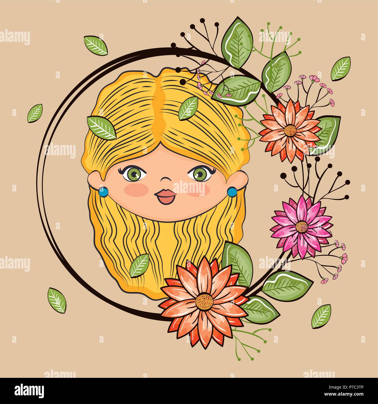 cute girl head character with floral frame vector illustration design ...