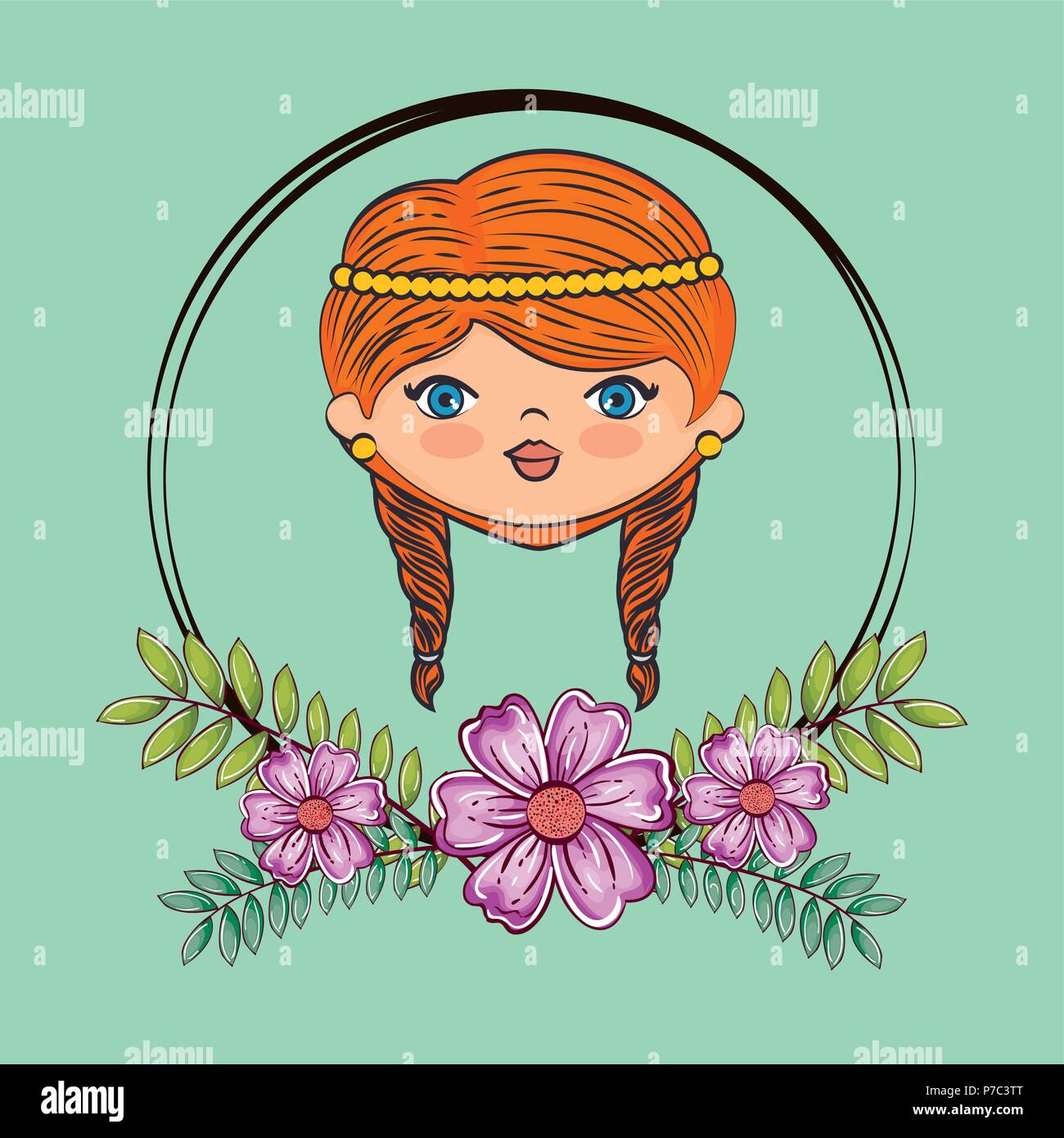 cute girl head character with floral frame vector illustration design ...