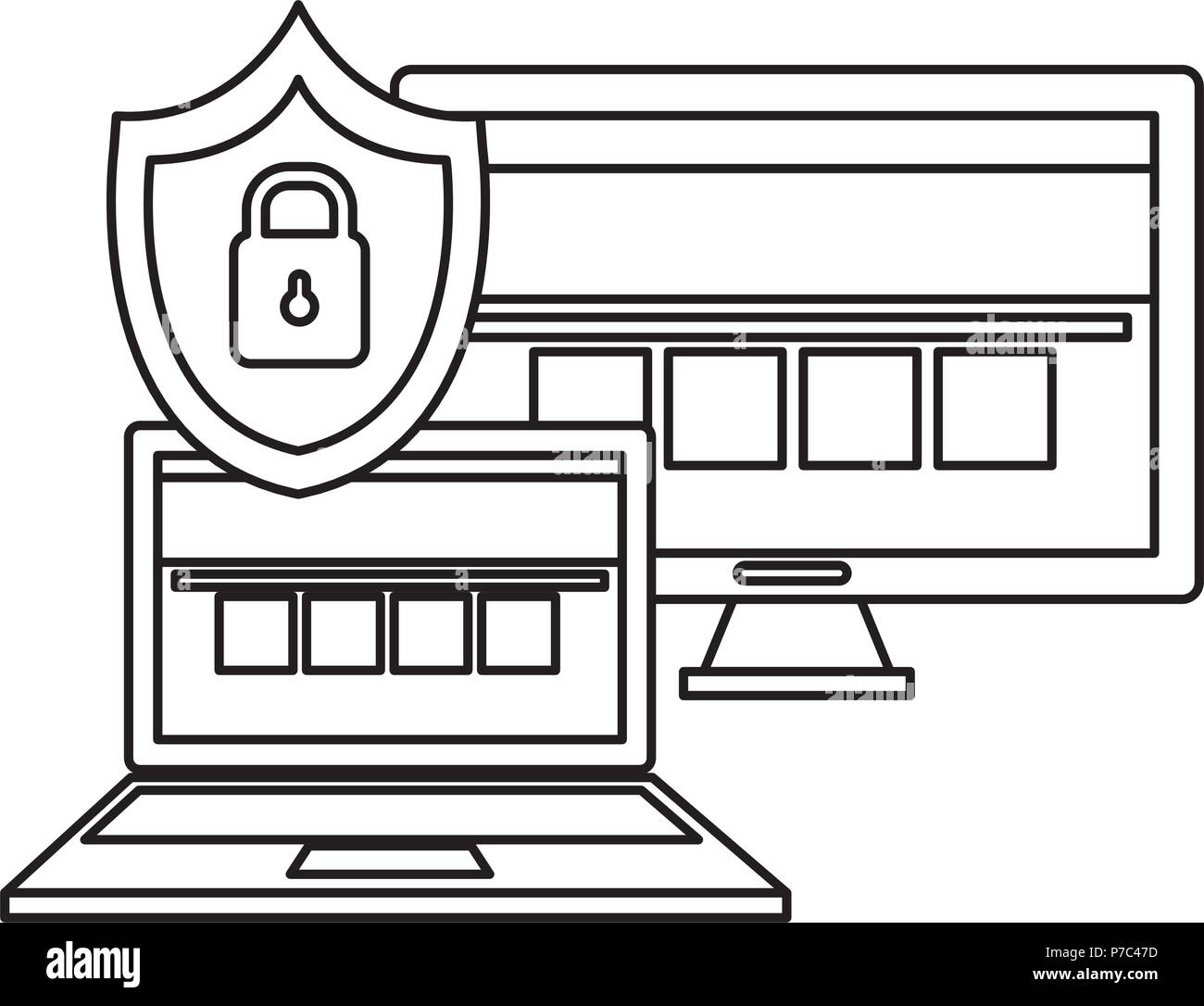 computer display with laptop and shield vector illustration design ...