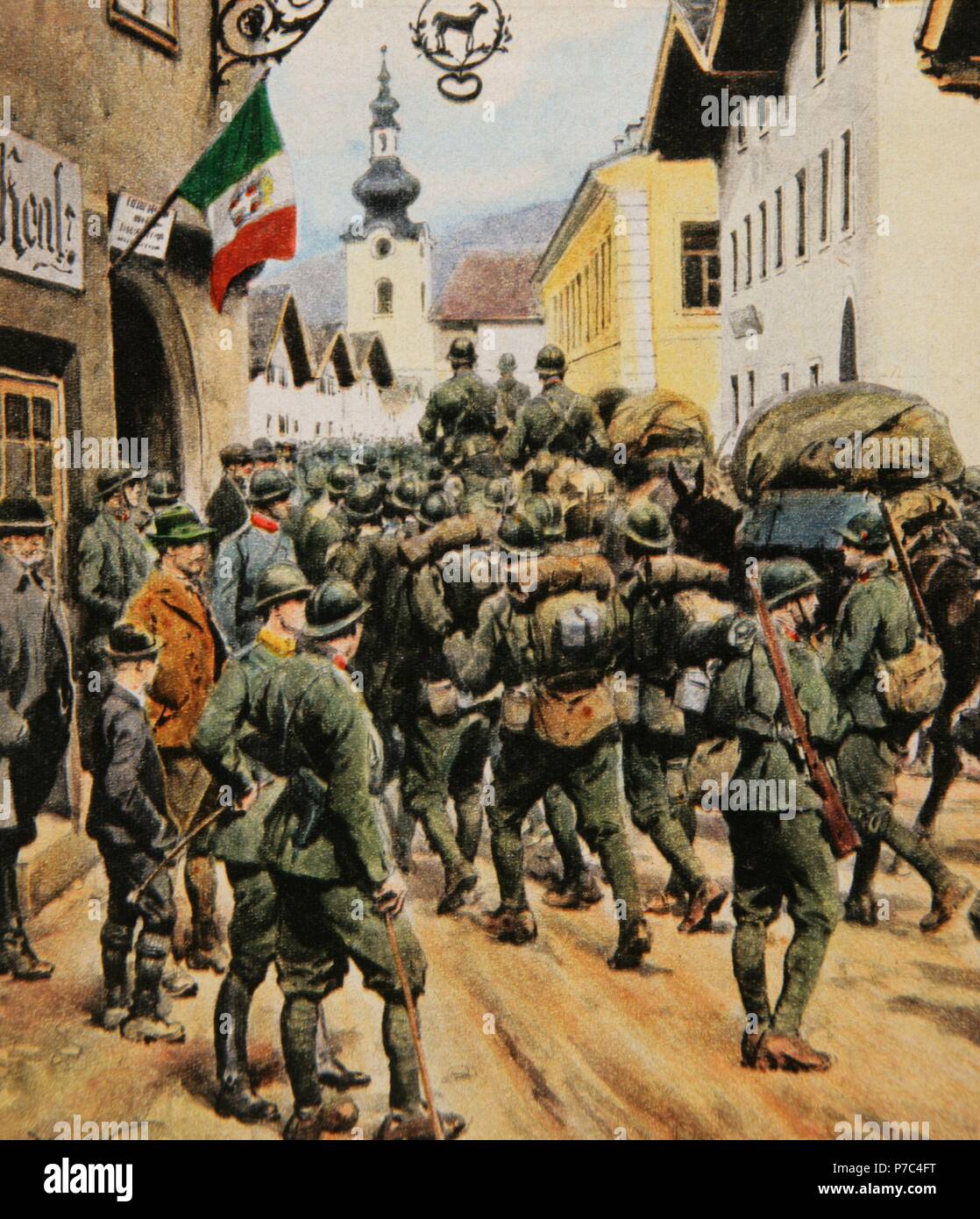 World War I (1914-1916). Italian troops occupying an Austrian locality ...