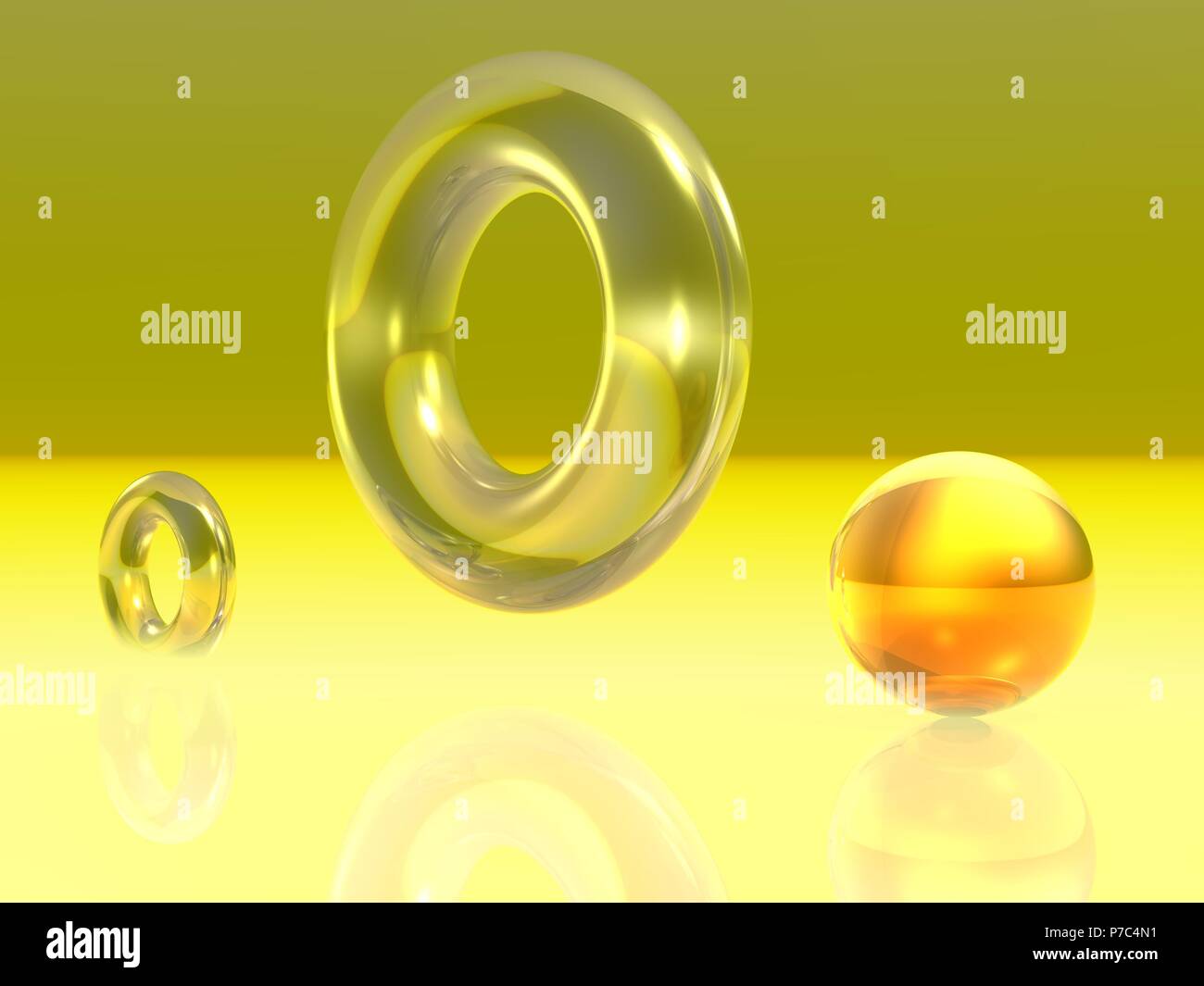 A computer generated image of two rings and a sphere on a neutral ...