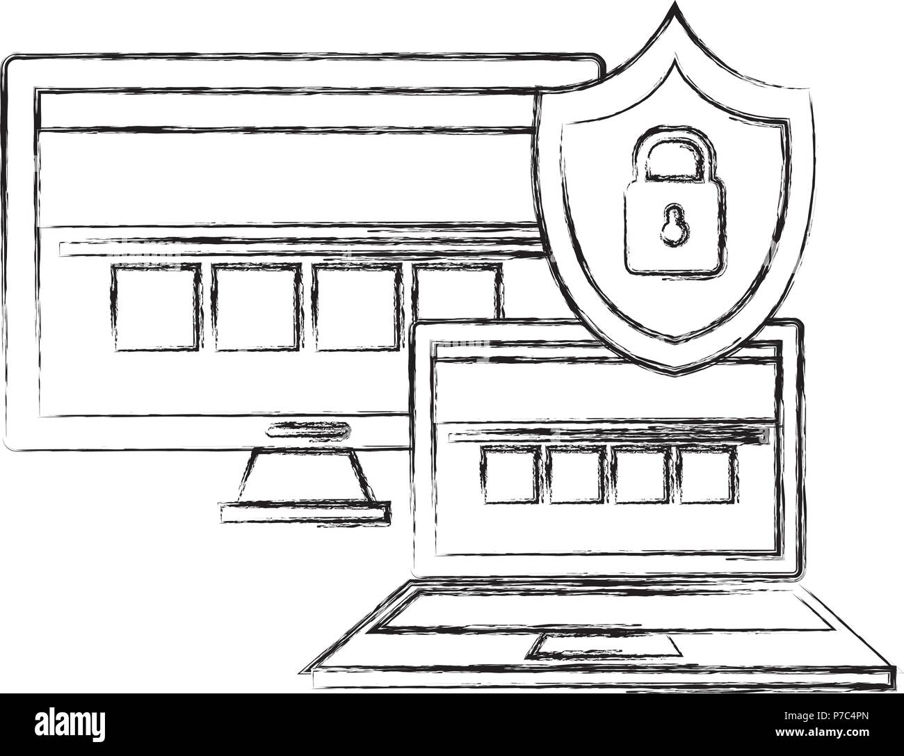 computer display with laptop and shield vector illustration design ...