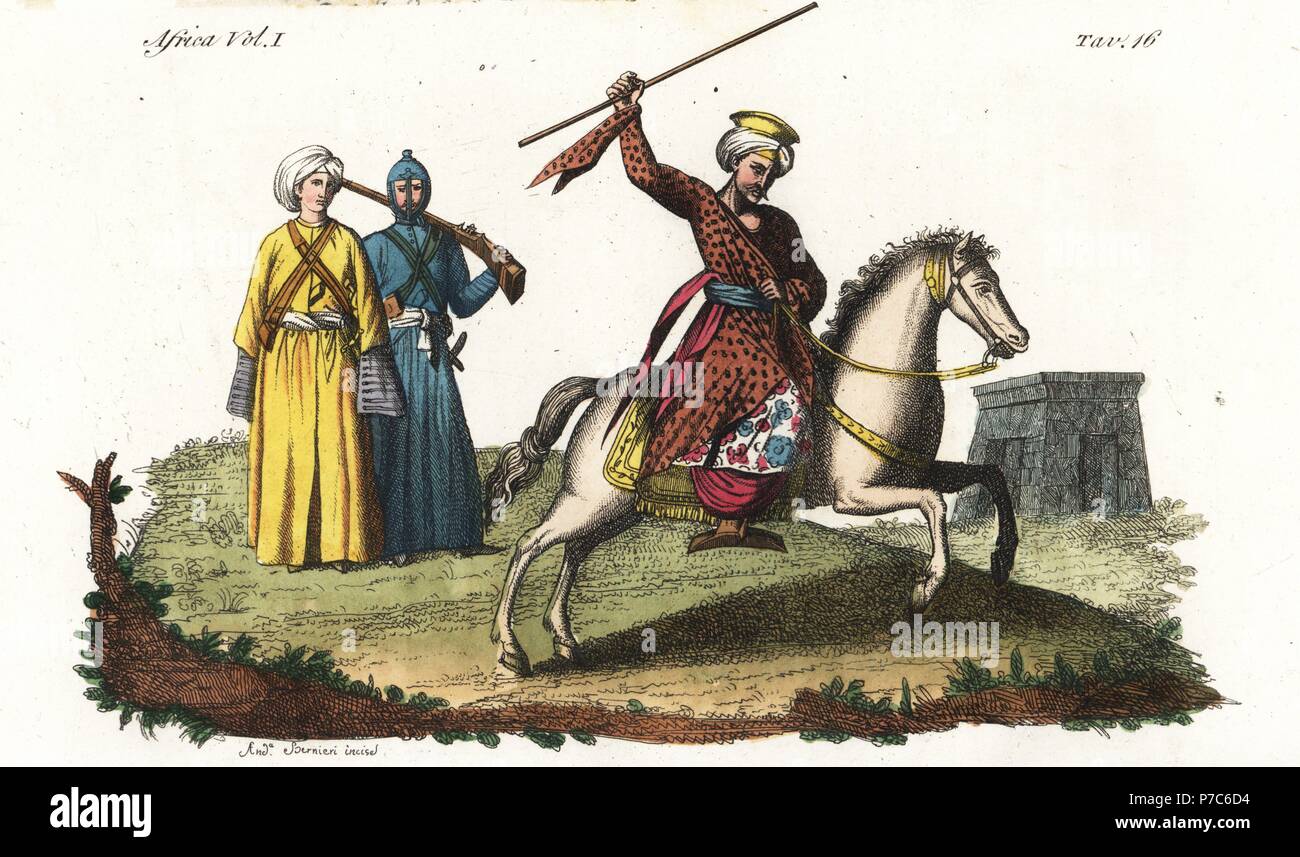 Costumes of the Mamluks of Egypt, cavalry armed with muskets, sticks ...
