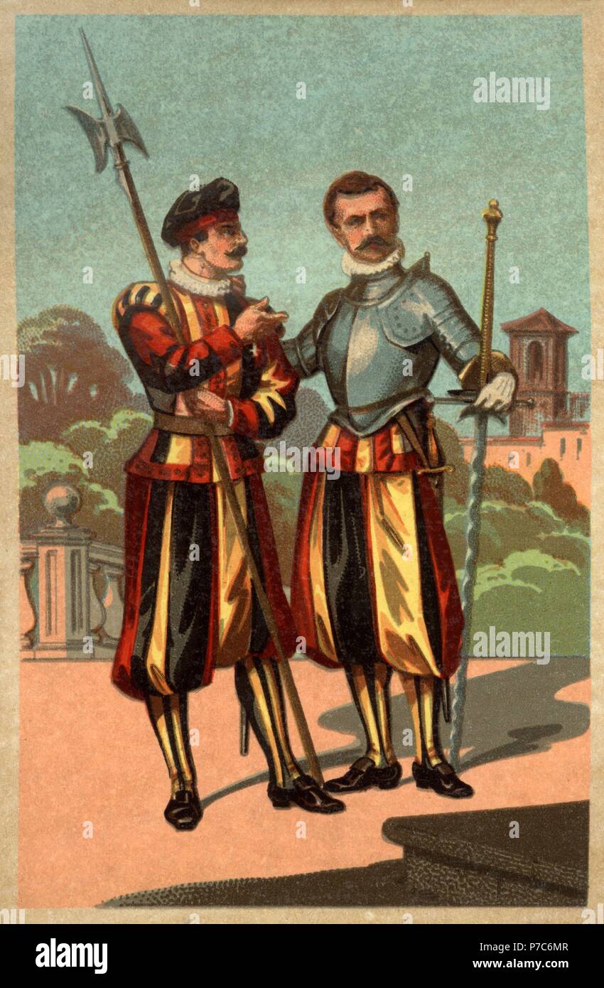 Ciudad del Vaticano. Guardias suizos en uniforme corriente. Grabado de ...