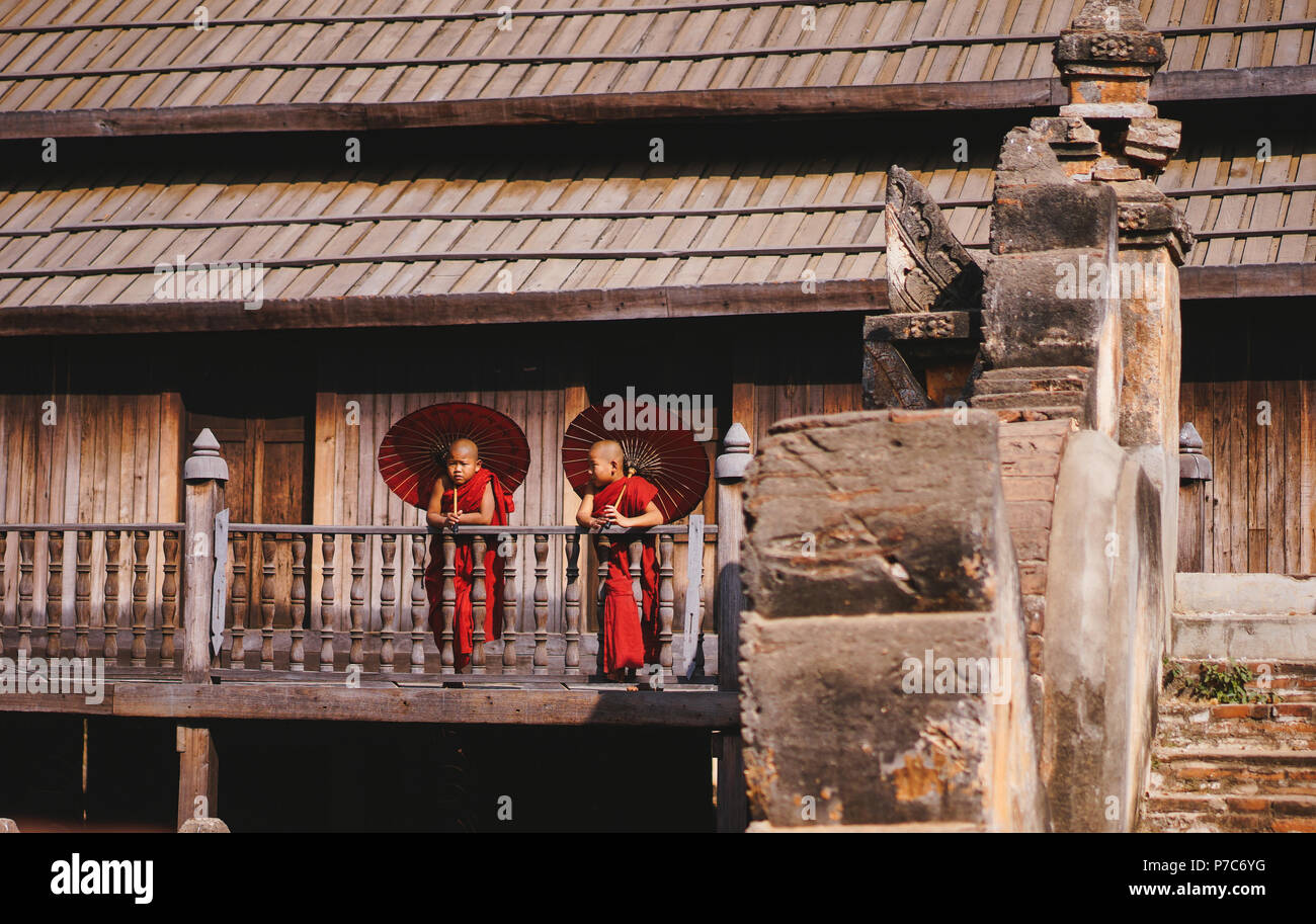 Two little monks in a ruin pagoda in Bagan, Myanmar Stock Photo - Alamy